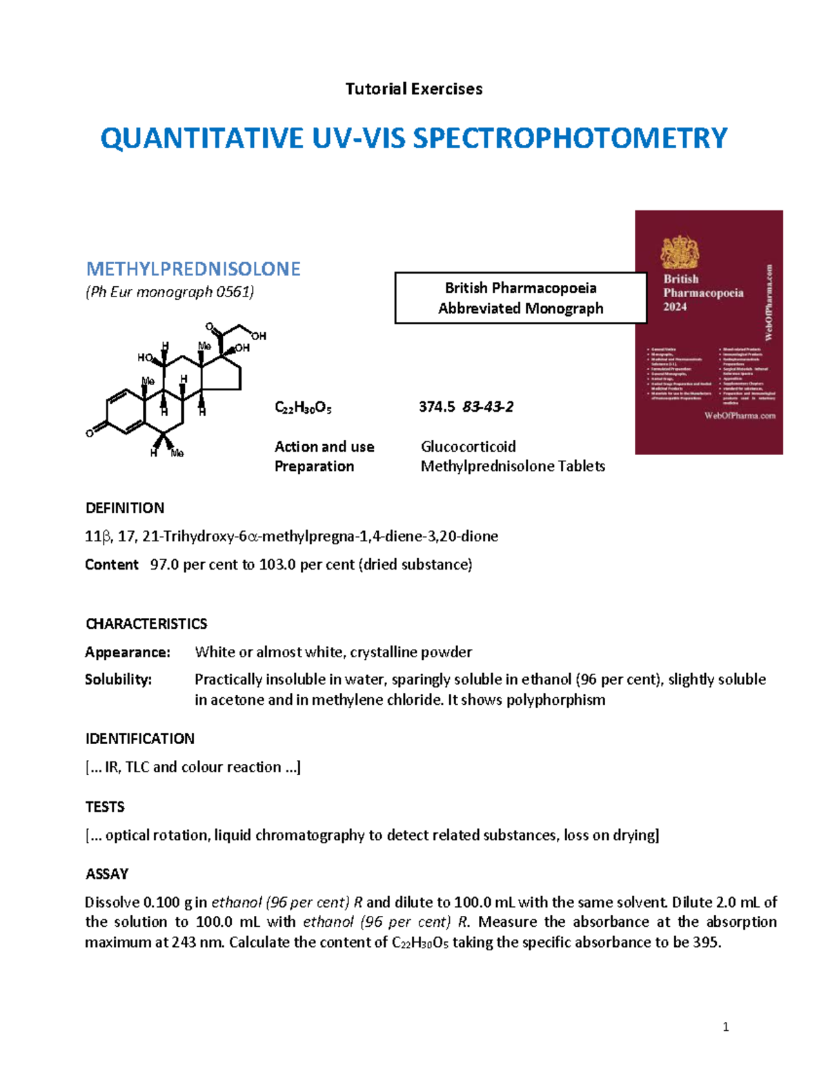 Tutorial Exercises: UV-Vis Calculations for Methylprednisolone (Ph Eur ...