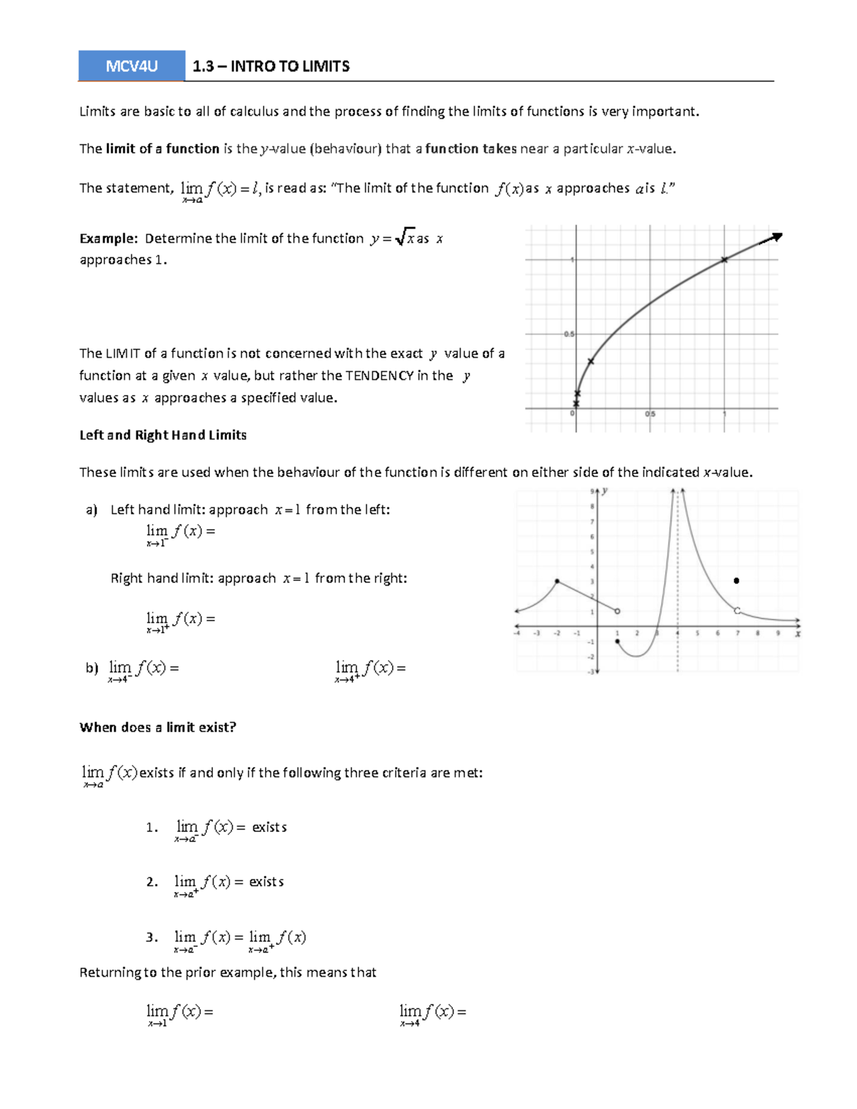 MCV4U 1.3 Intro to Limits: Understanding Function Behavior - Studocu