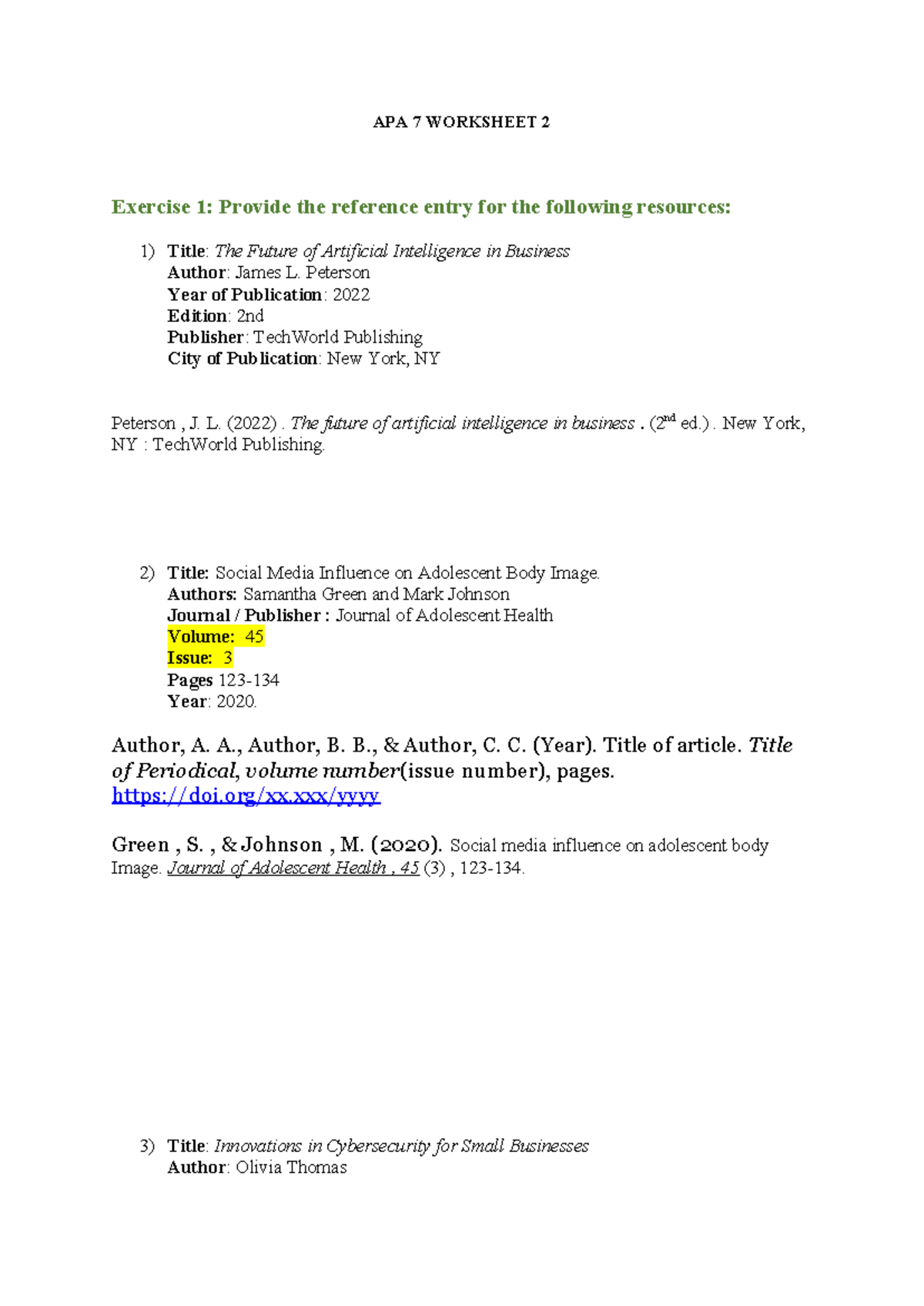 APA 7 Worksheet 2: Reference Entries and Paraphrasing Examples - Studocu
