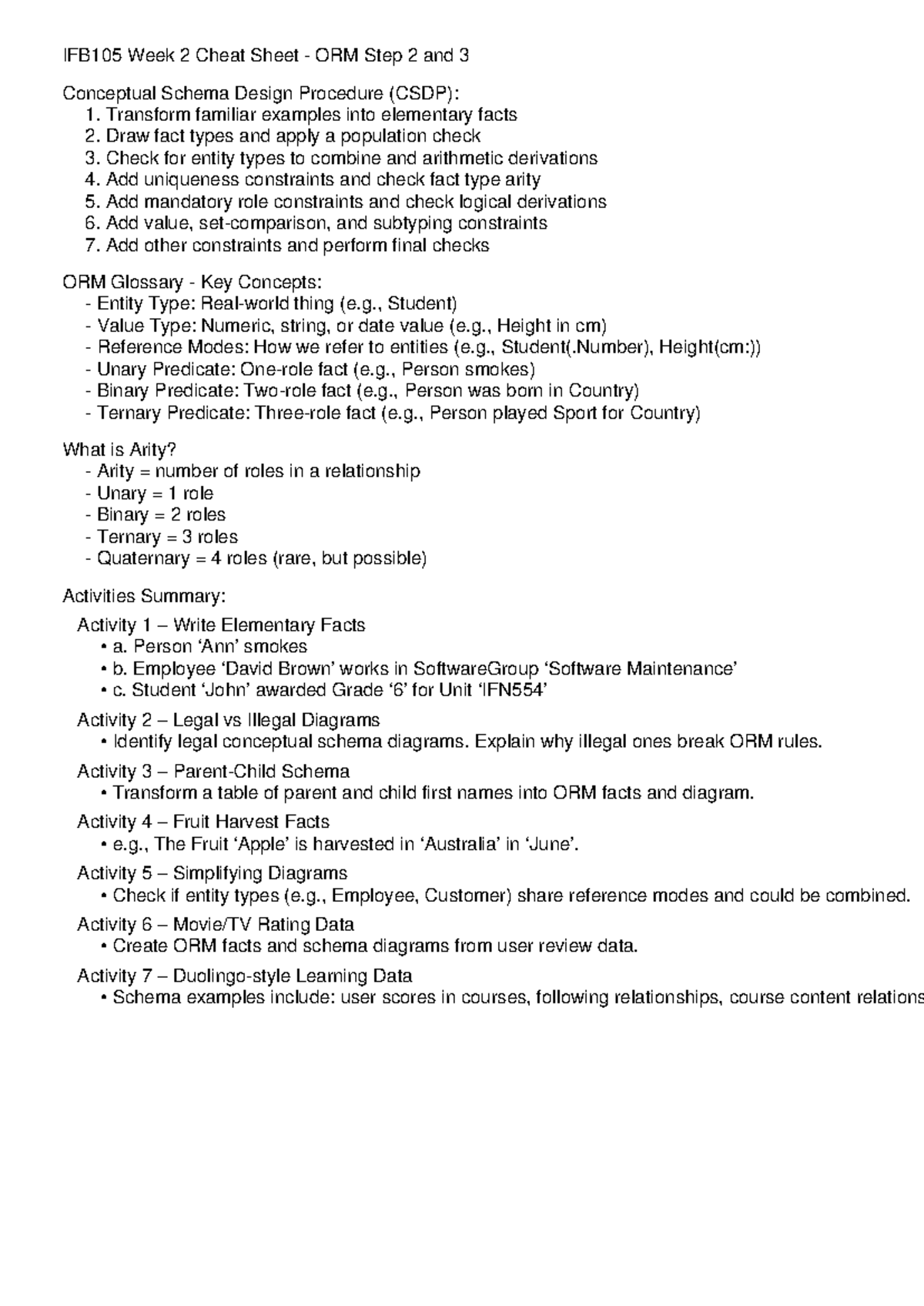 IFB105 Week 2 Cheat Sheet: ORM Concepts & Activities Summary - Studocu