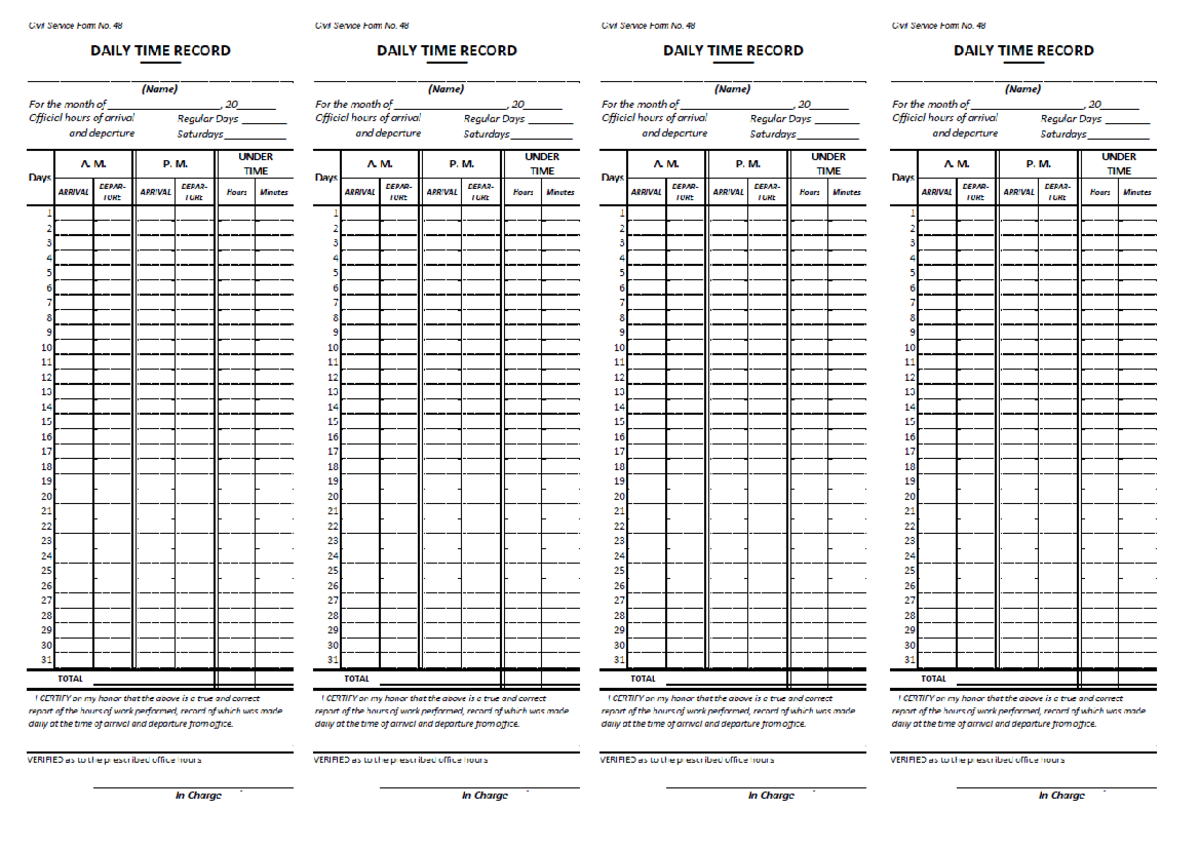 Civil Service Form No. 48: Daily Time Record (DTR) - Studocu
