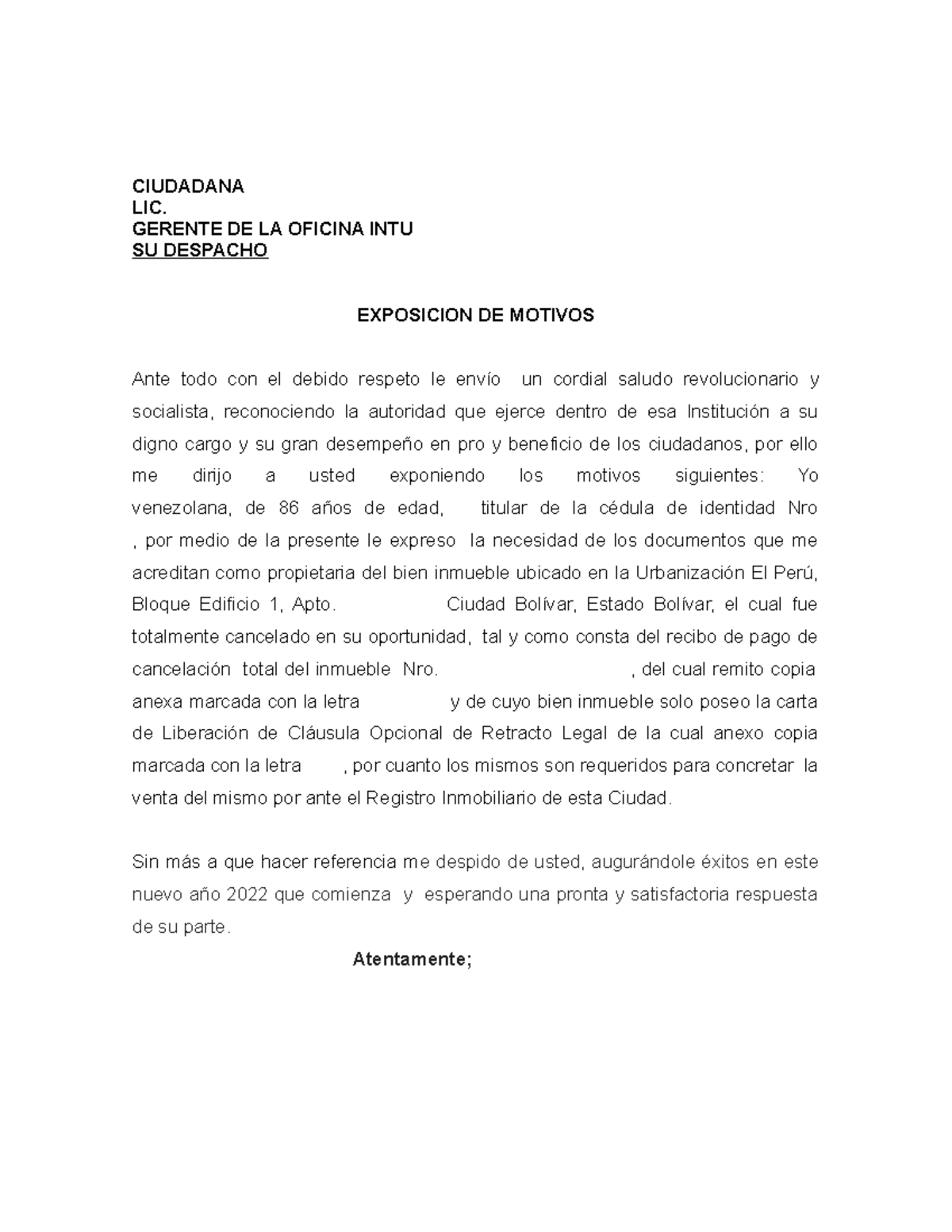 Carta de Exposición de Motivos para Solicitud de Documentos - Studocu