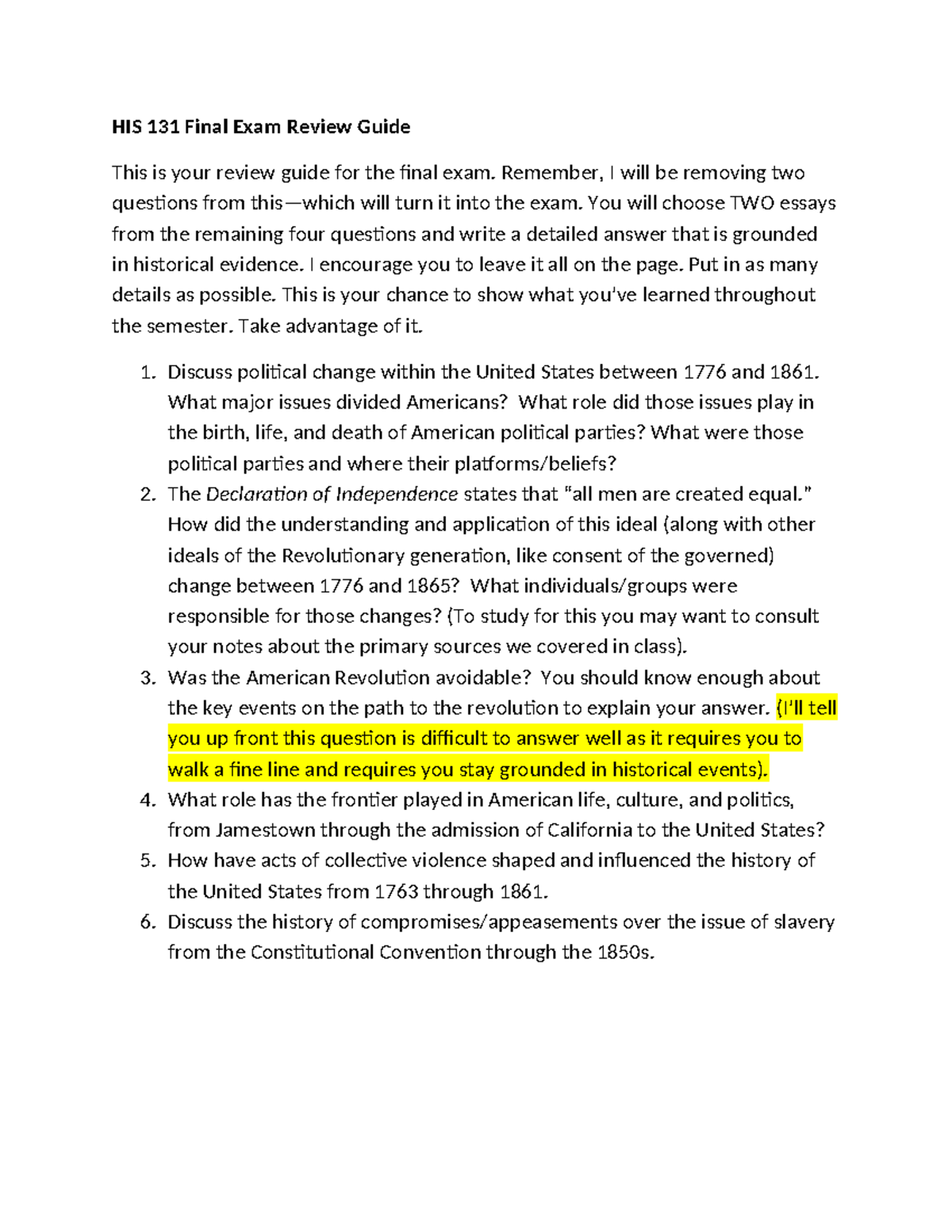 HIS131 Final Exam Review Guide: Key Topics & Essay Prompts - Studocu