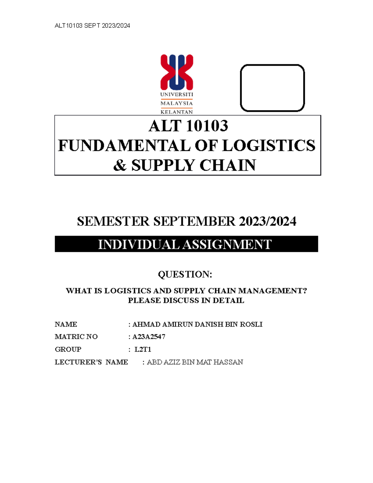 ALT 10103: Individual Assignment on Logistics & Supply Chain Management ...