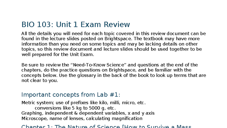 BIO 103: Unit 1 Exam Review Study Guide & Key Concepts - Studocu