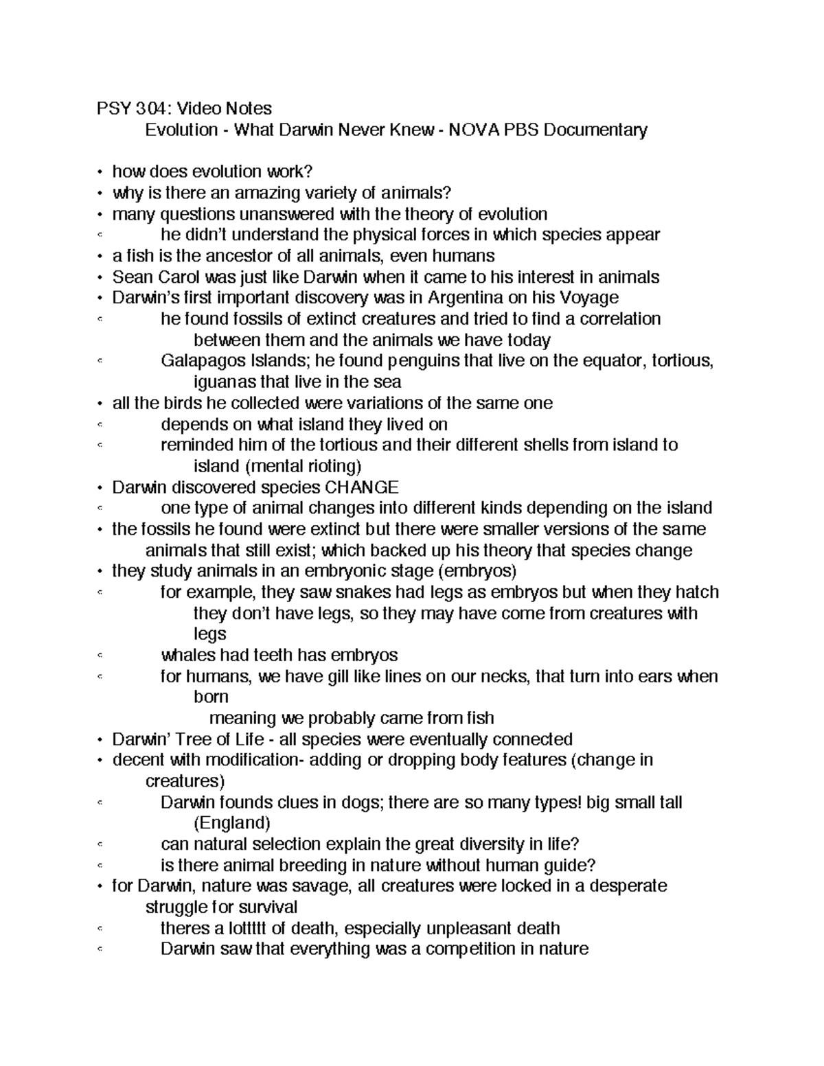 PSY 304 evolution video notes - PSY 304: Video Notes Evolution - What ...