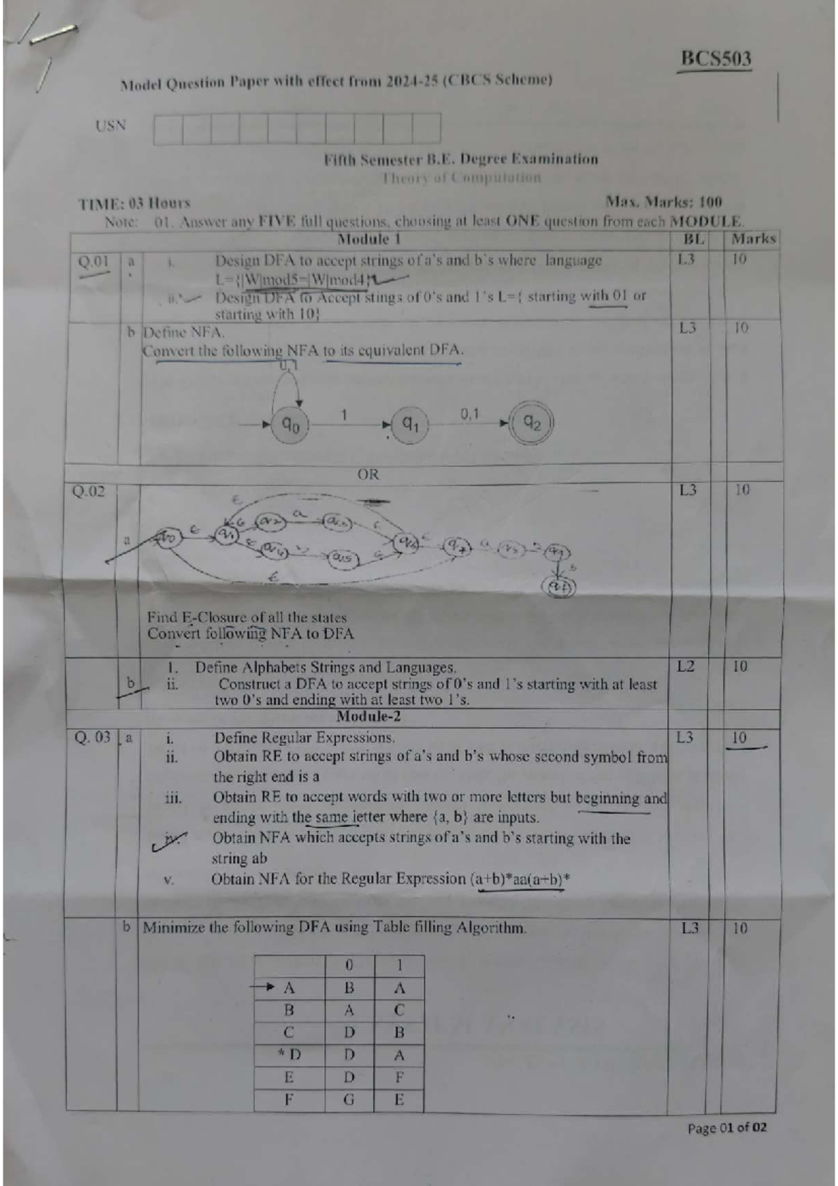 BCS503 Final Exam Model Question Paper - Theory of Computation - Studocu