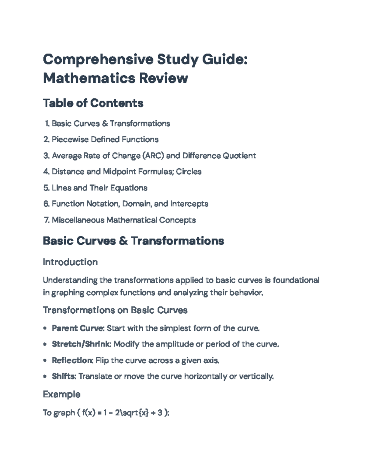 Comprehensive Mathematics Review Study Guide for Course Code MATH101 - Comprehensive Study Guide ...