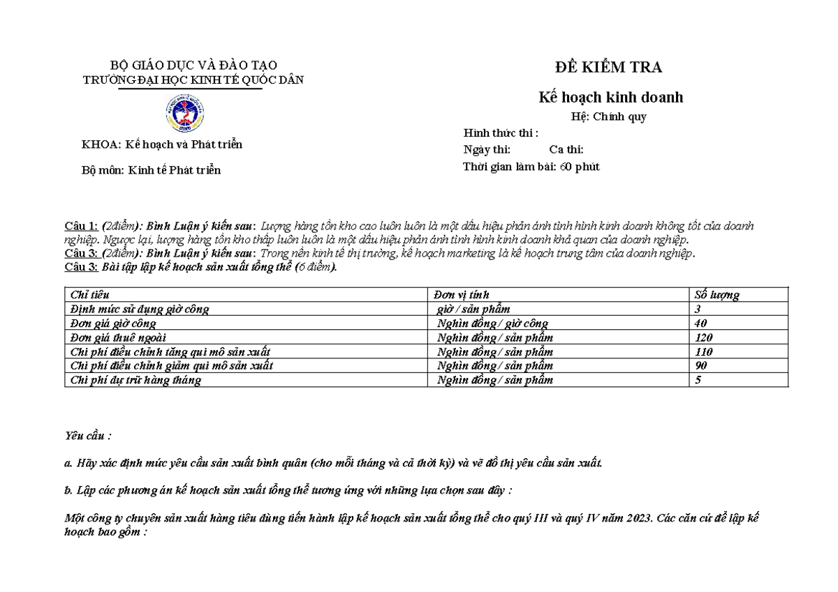 Đề Kiểm Tra KHKD 2023: Kế Hoạch Kinh Doanh và Sản Xuất - Studocu