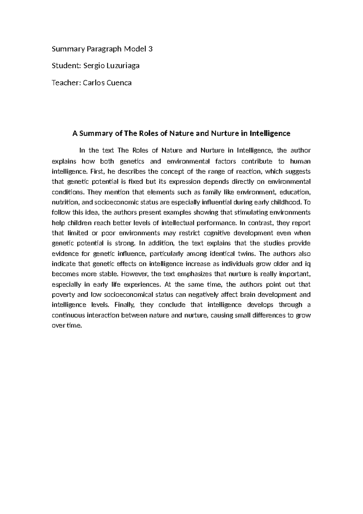 Summary of Nature vs. Nurture in Intelligence - PSY 101 - Studocu