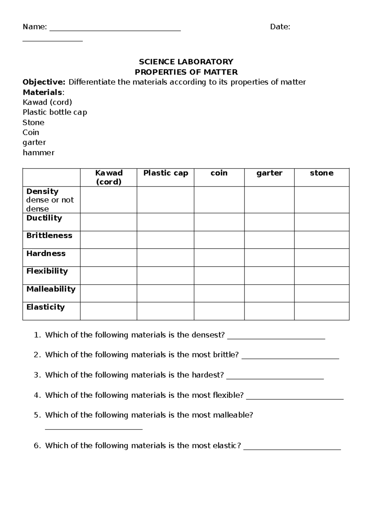 SCI LAB 1 Q1 - SCIENCE LABORATORY ABOUT PROPERTIES OF MATTER - Name ...