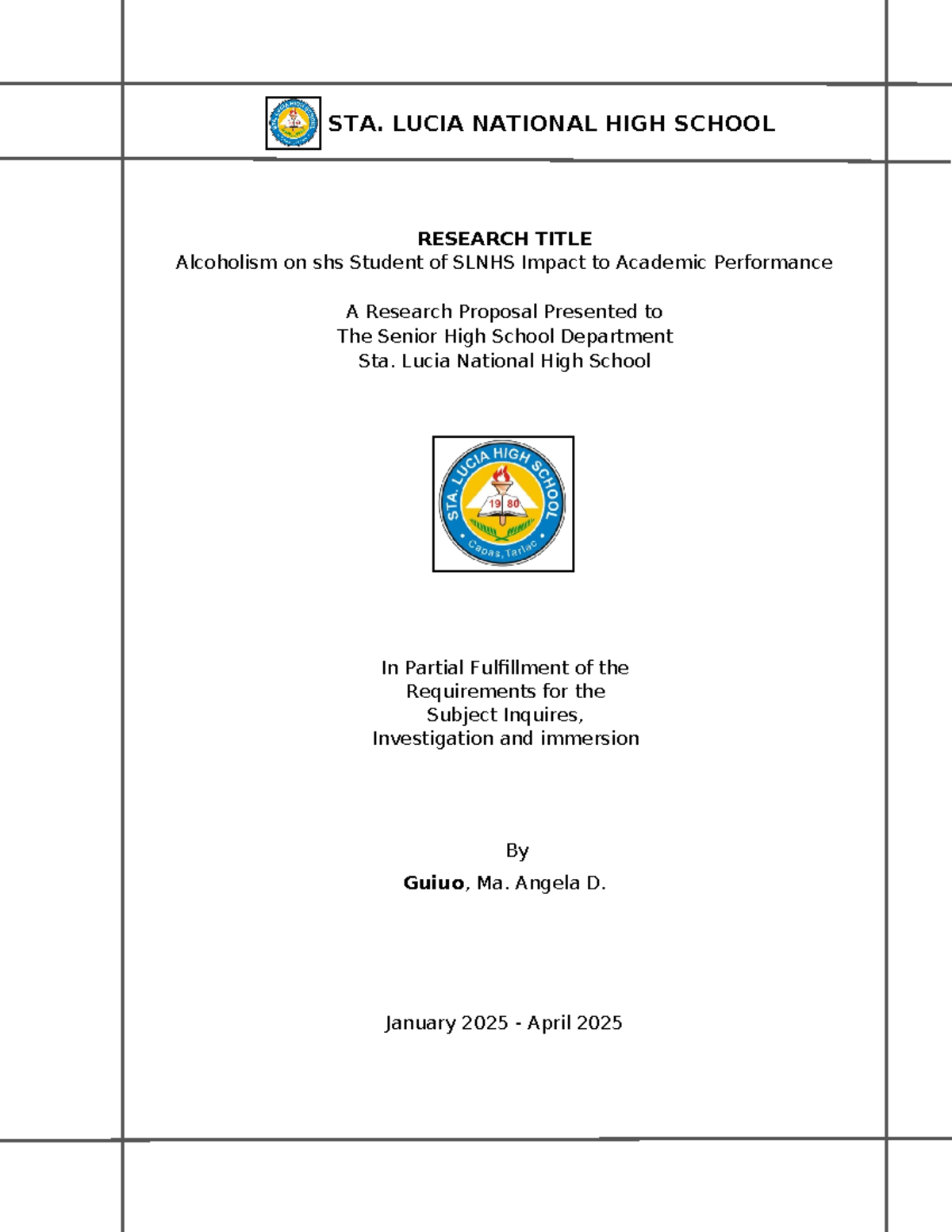 Research proposal manuscript 2024 - RESEARCH TITLE Alcoholism on shs ...
