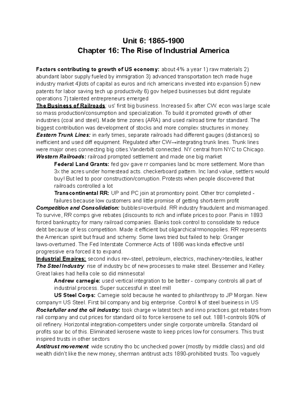APUSH Unit 6: Chapter 16 - The Rise of Industrial America Notes - Studocu
