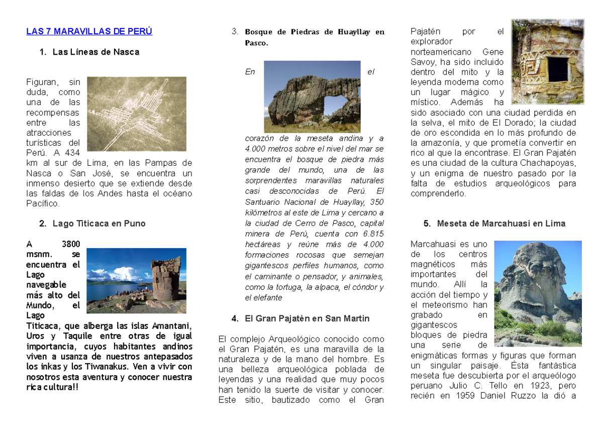 Triptico LAS 7 Maravillas DE PERÚ - LAS 7 MARAVILLAS DE PERÚ 1. Las ...