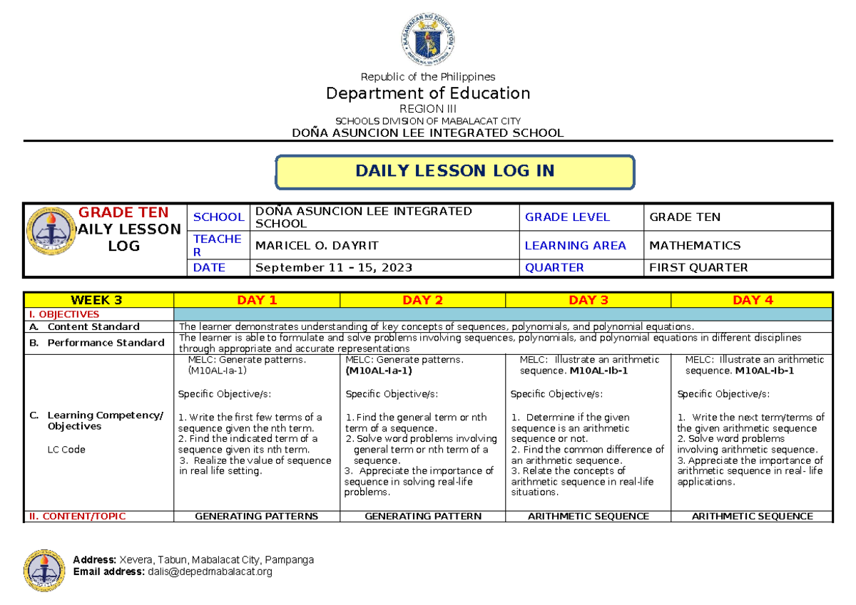 Q1 W3 MATH 10 DLL - Daily Lesson Log on Sequences and Patterns - Studocu