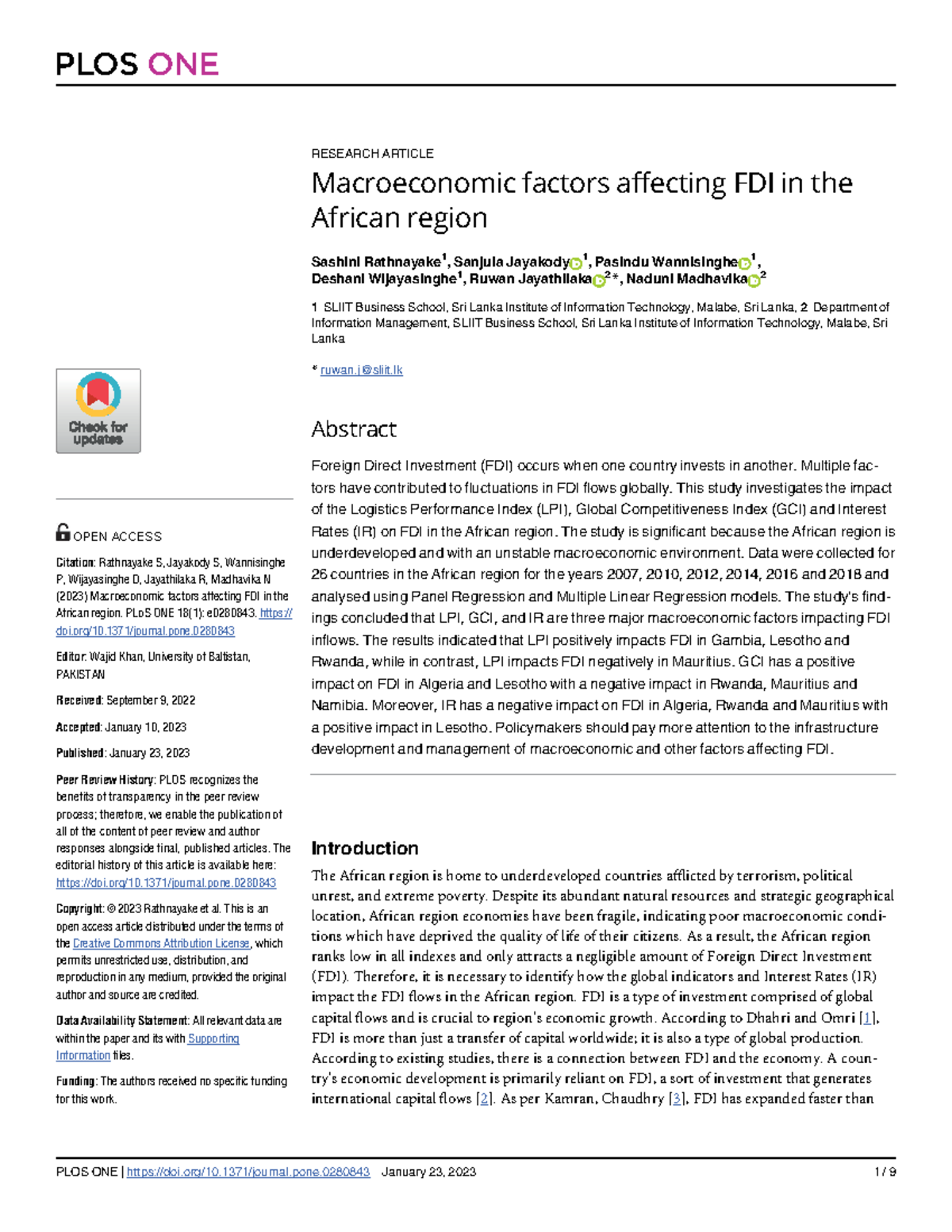 PLOS ONE Research: Impact of Macroeconomic Factors on FDI in Africa ...