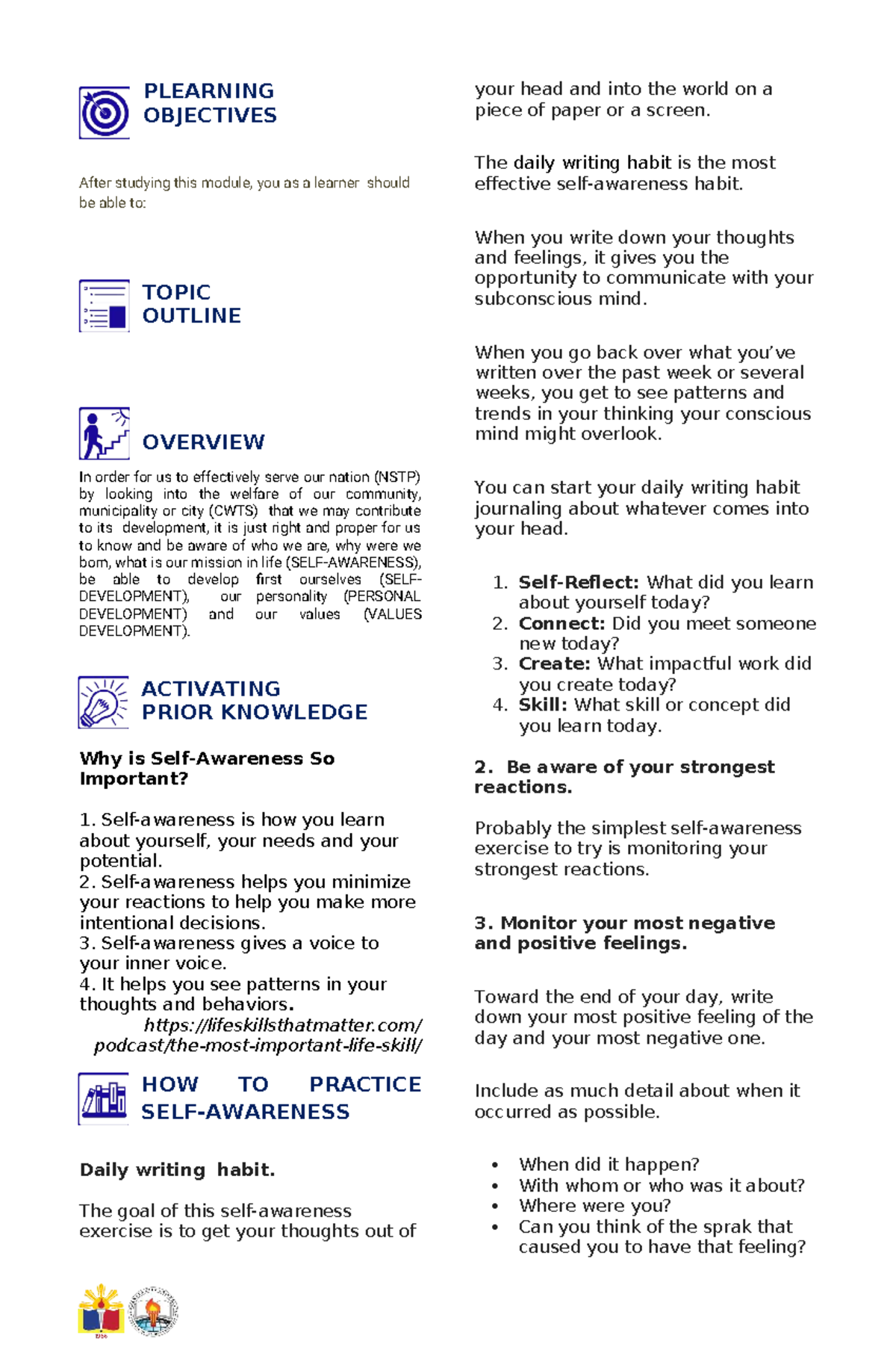 Module 2: Personal Development and Values in NSTP-CWTS - Studocu