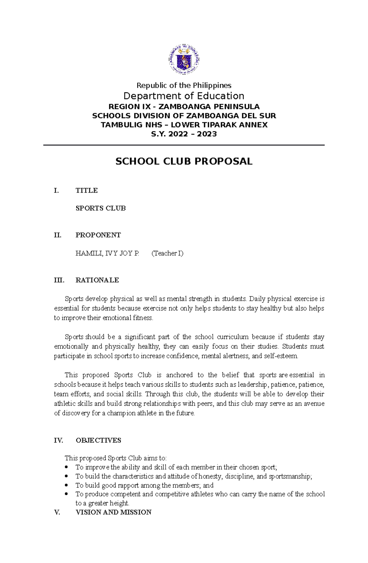 Sports Club Proposal for S.Y. 2022-2023 at Tambulig NHS - Studocu