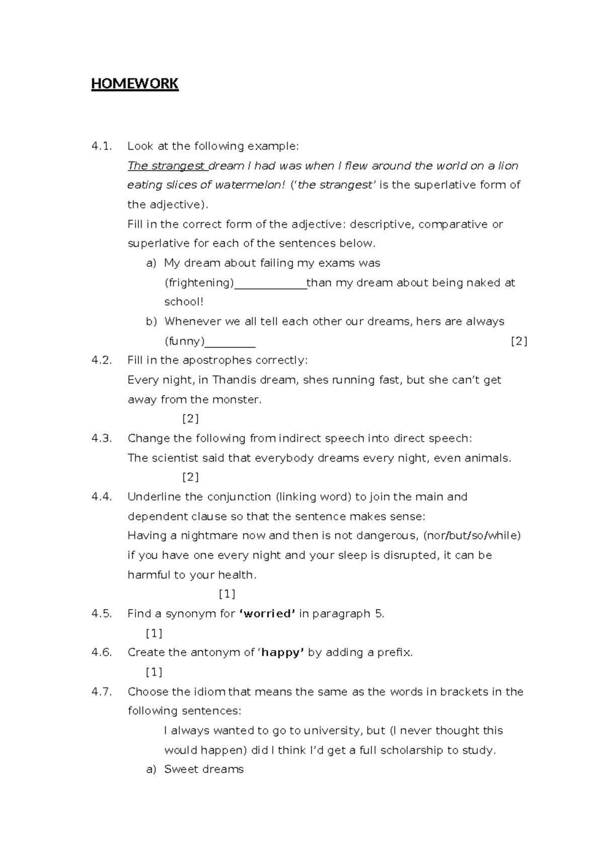 Homework 4.1: Adjective Forms and Dream Analysis - Studocu