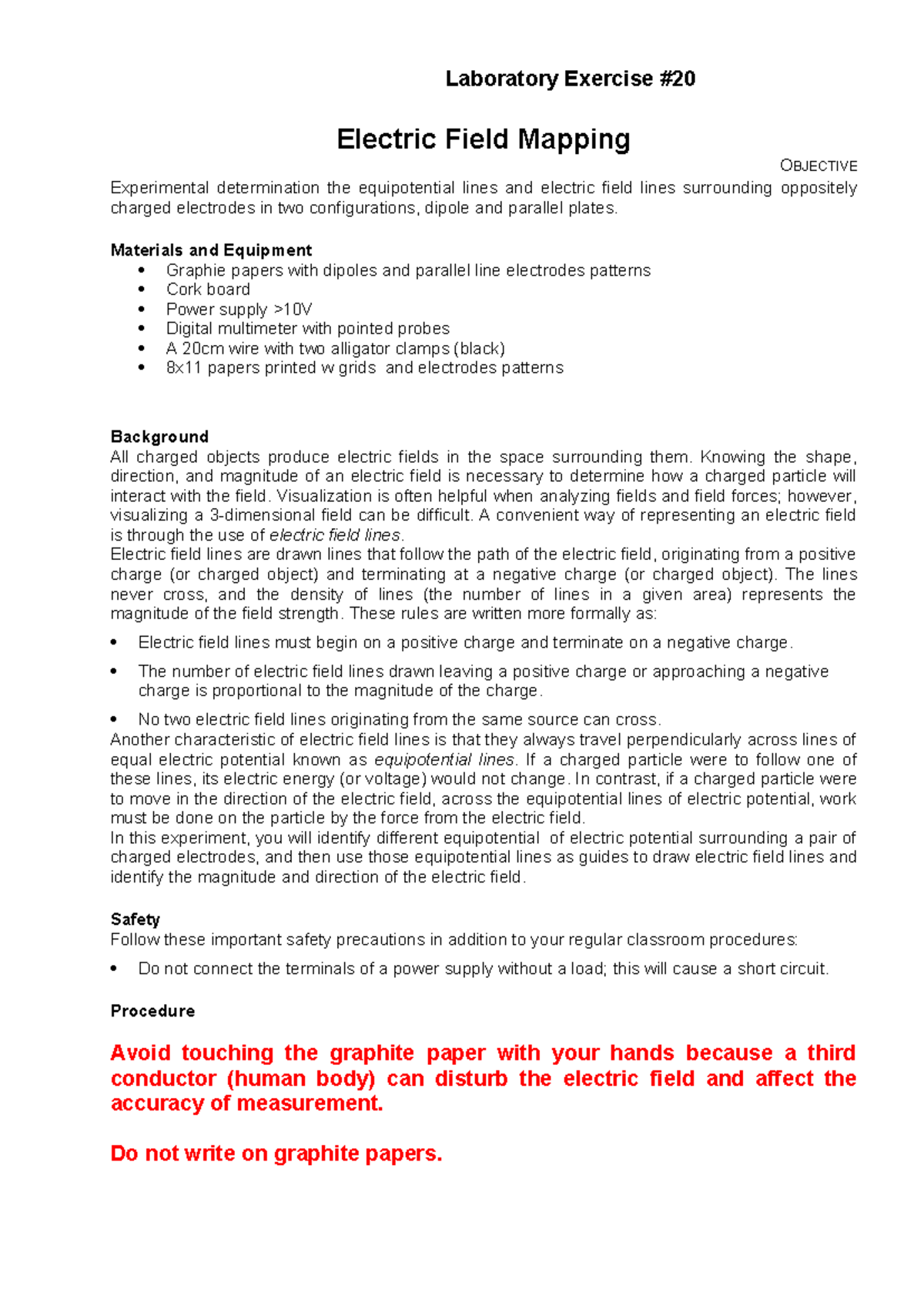 Lab 20 - ... - Laboratory Exercise Electric Field Mapping OBJECTIVE ...