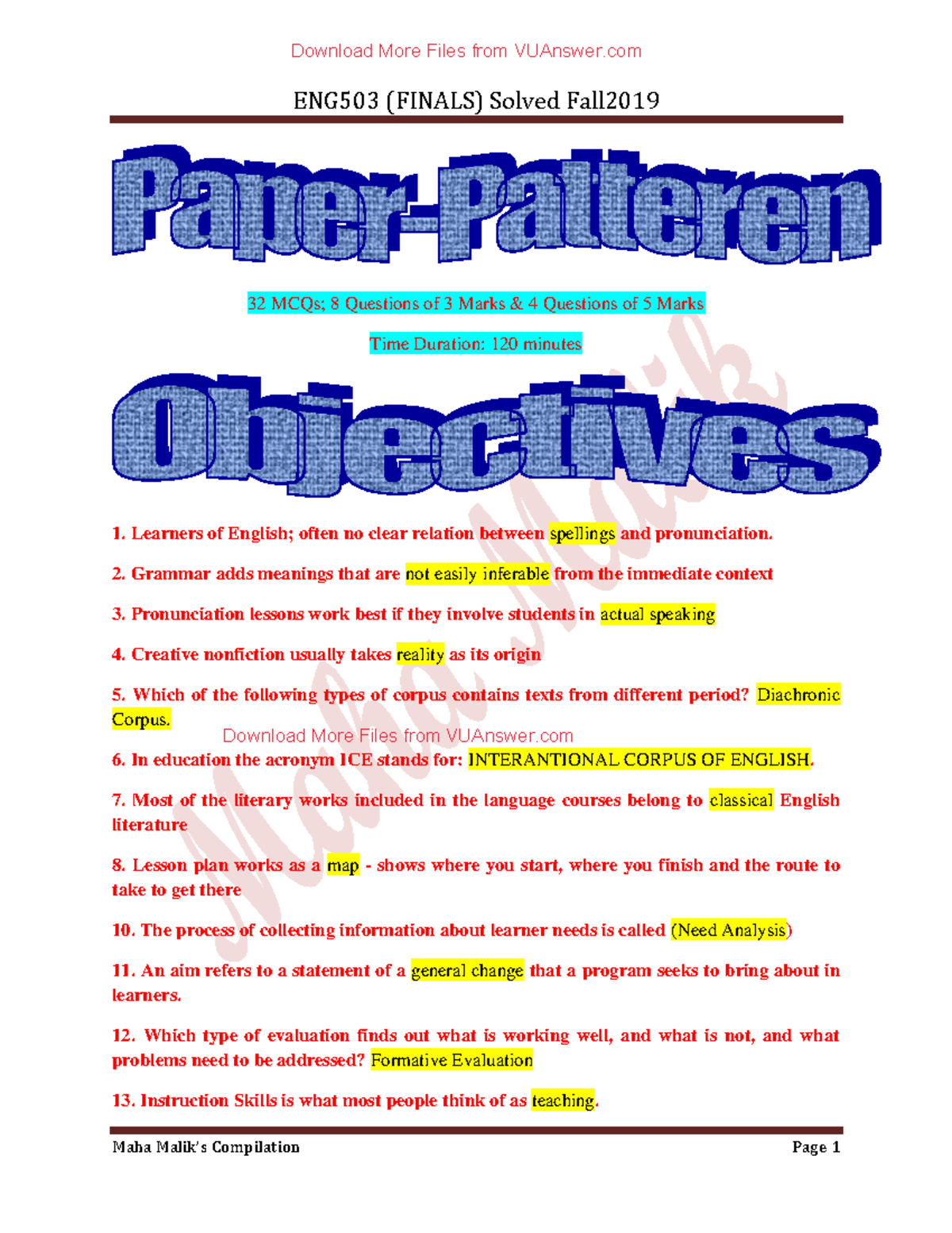 ENG503 (Final Exam) Solved Compilation Notes - Fall Semester - Studocu