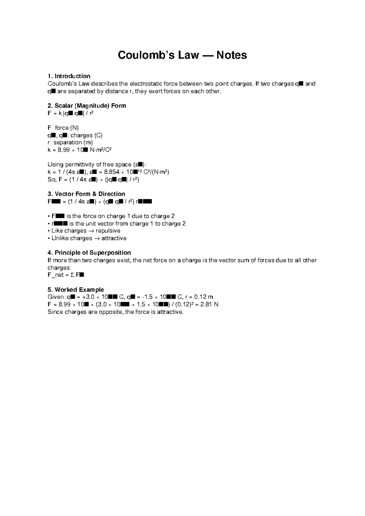 Coulomb's Law Notes - Summary for Law Course - Studocu