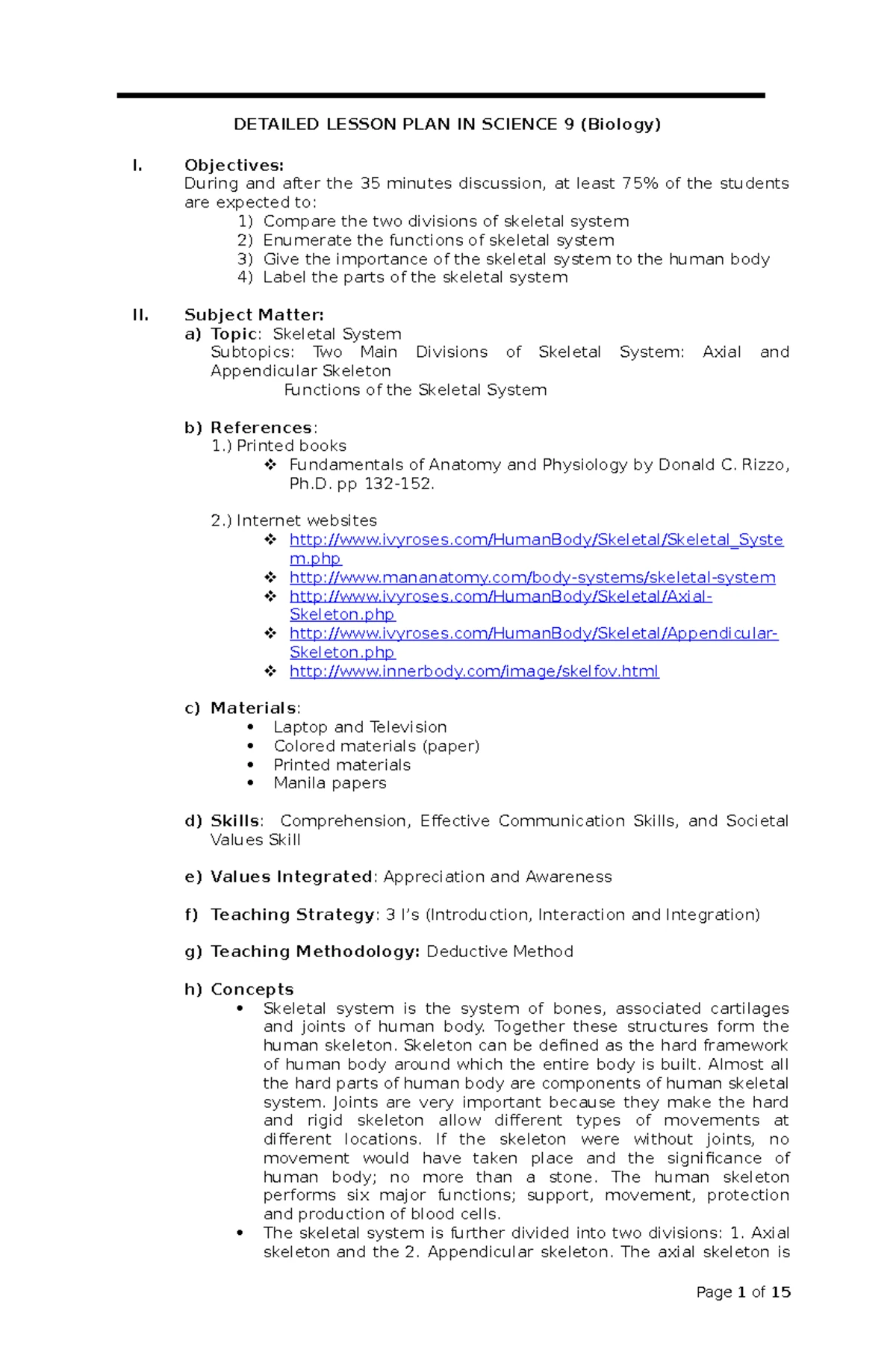 Lesson Plan (3Is Skeletal System) - DETAILED LESSON PLAN IN SCIENCE 9 ...
