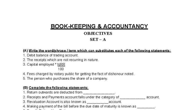 ACCOUNTANCY OBJECTIVES SET A - J (Objective Test Practice) - Studocu