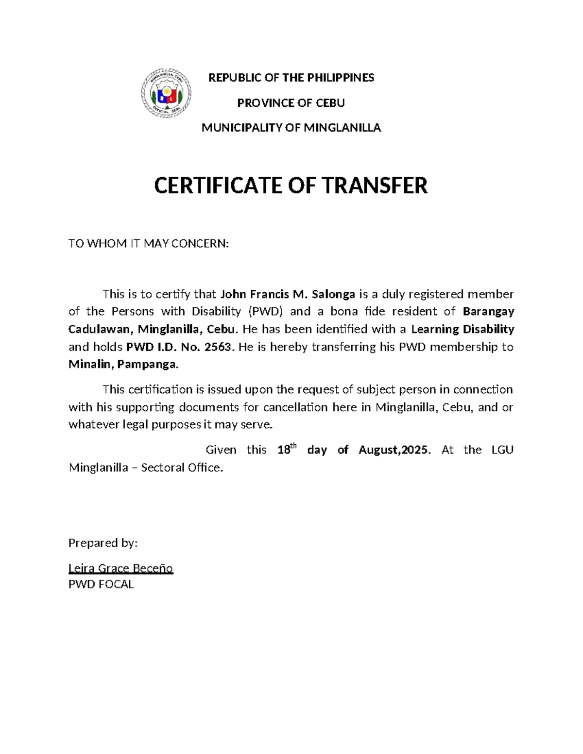 Certificate of Transfer for PWD Membership - John Francis M. Salonga ...