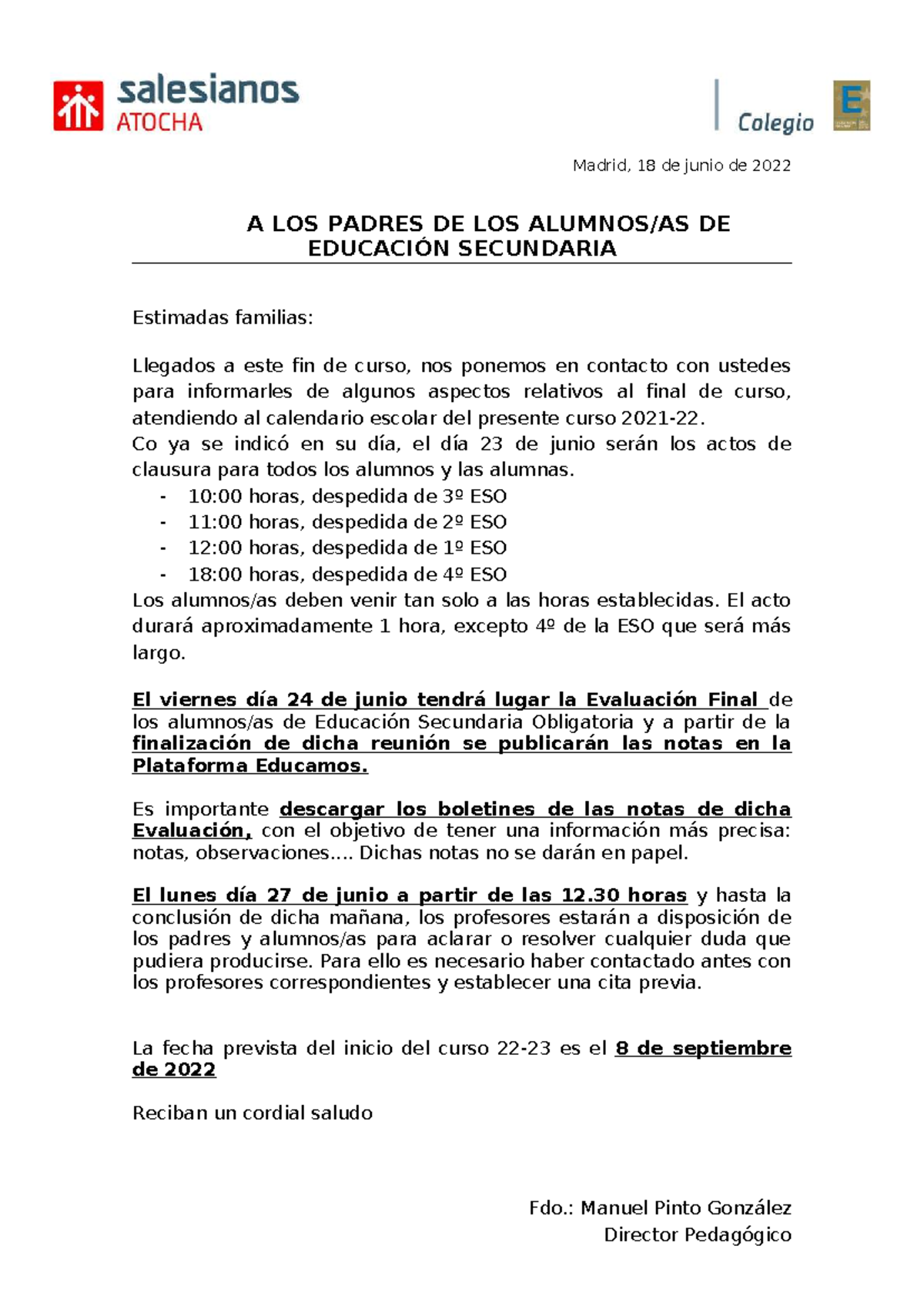 Carta a Padres: Información Final de Curso 2022 - Studocu