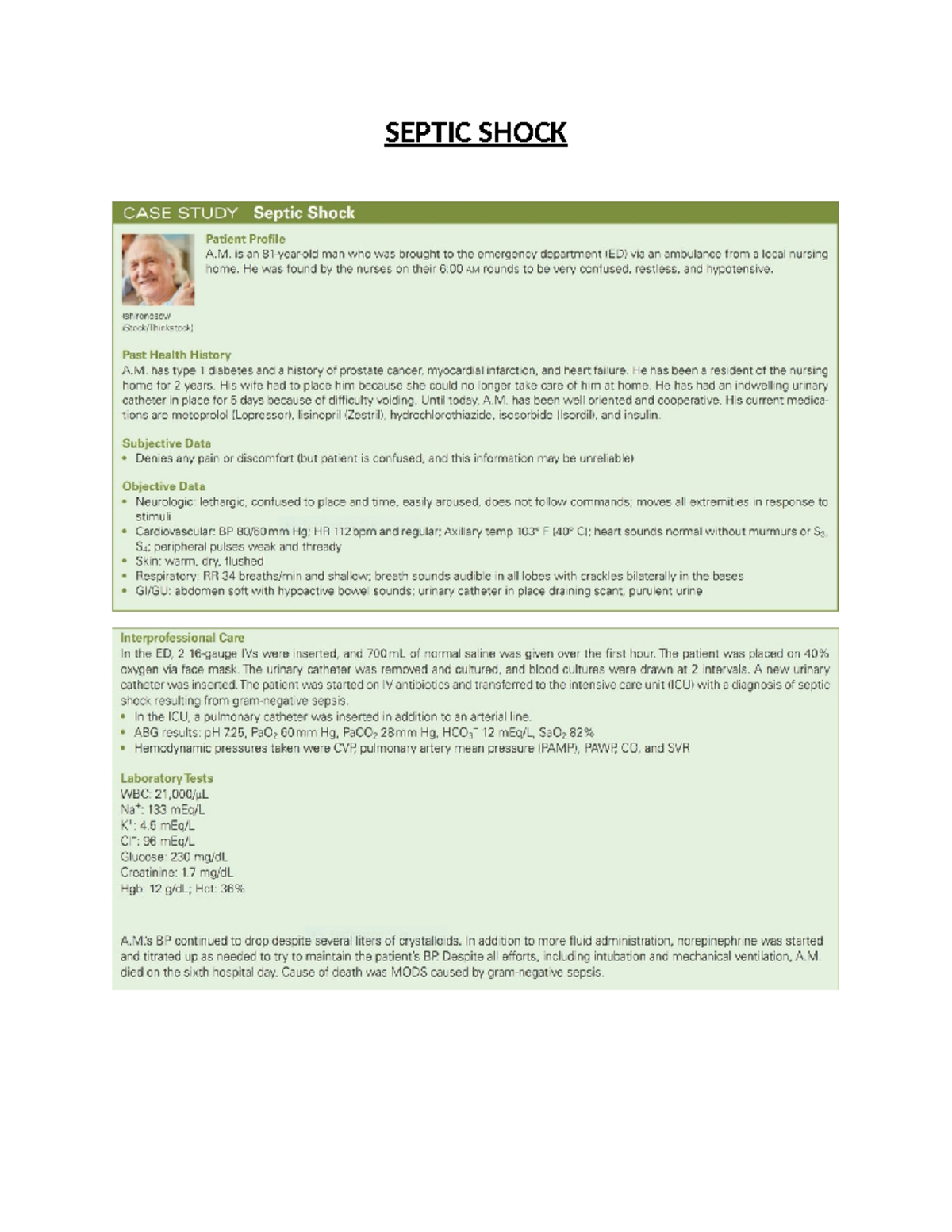 Septic Shock Case Study: Patient A.M. Profile and Management - Studocu