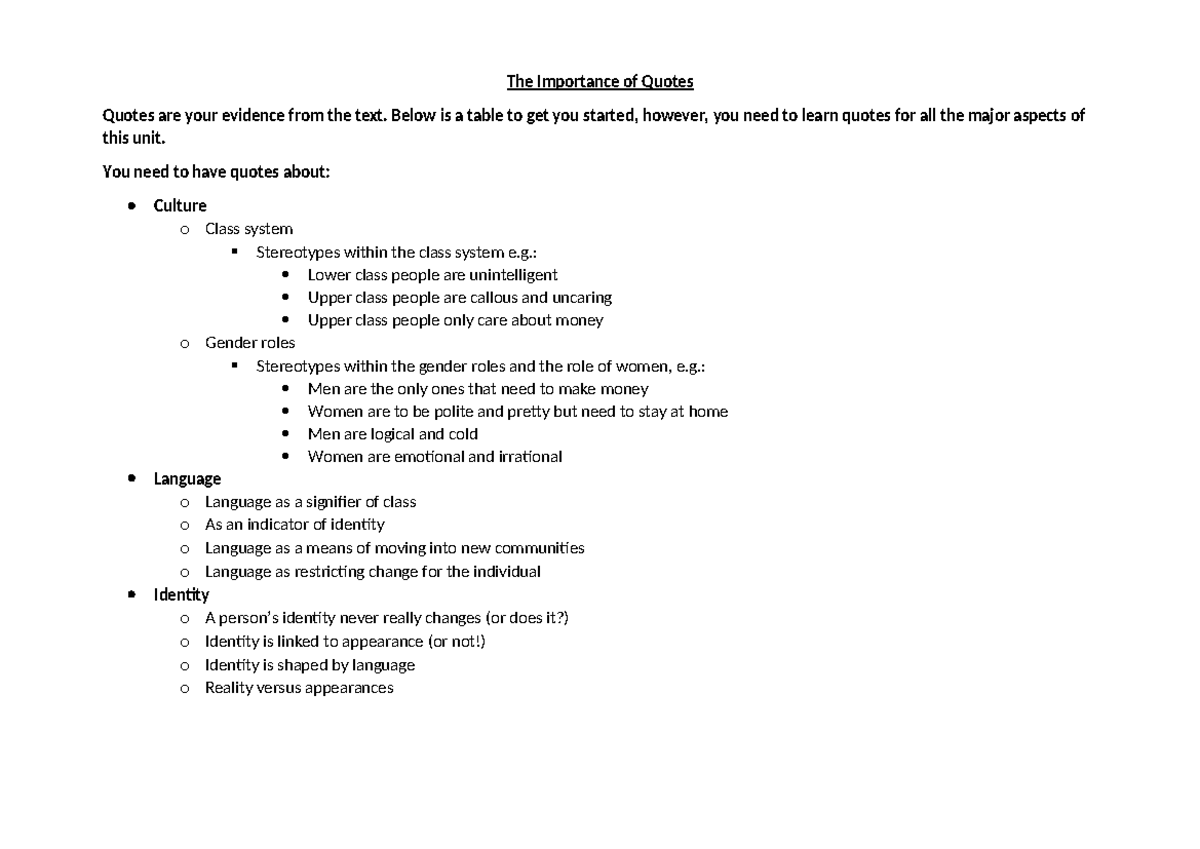 Pygmalion (ENG 101) Quote Analysis Chart: Class, Gender, and Identity ...