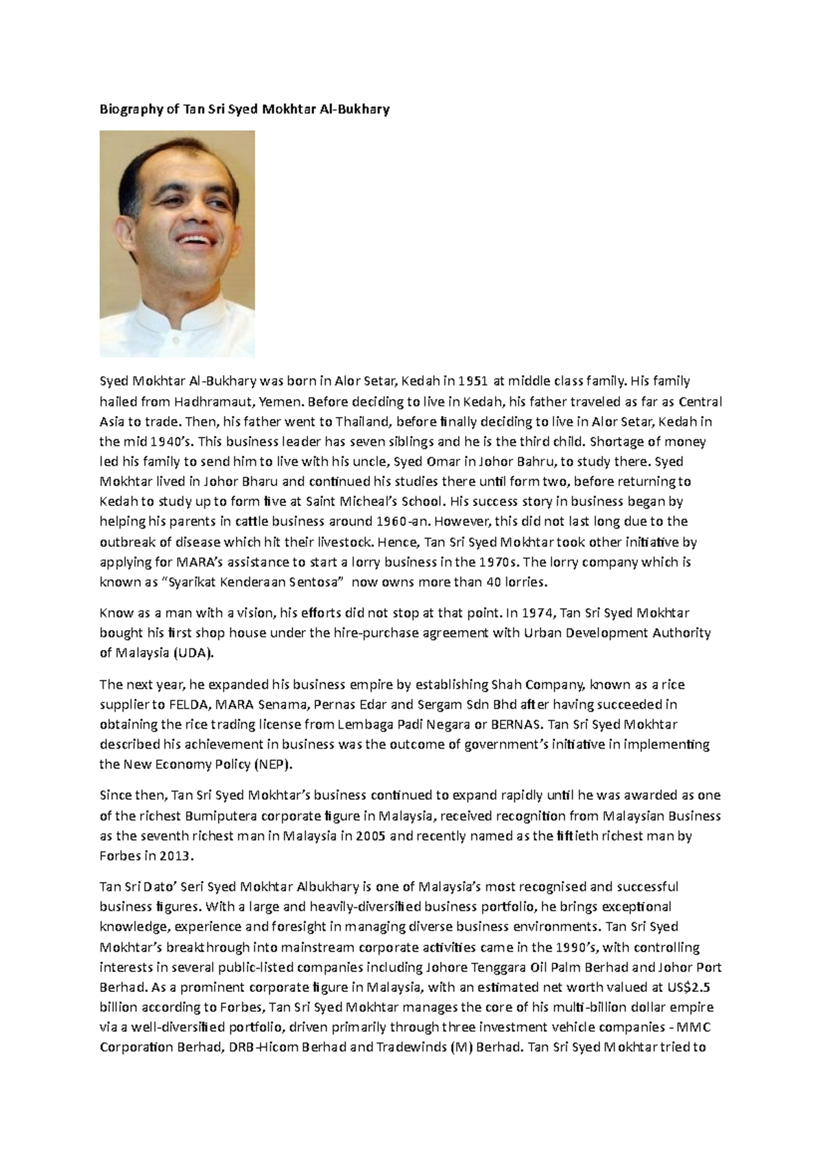 Biography of Tan Sri Syed Mokhtar Al-Bukhary: Success Story & Legacy ...
