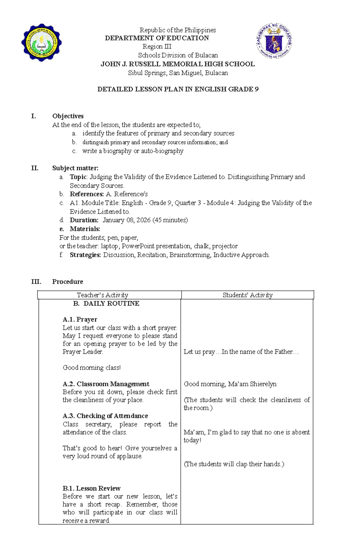 Detailed Lesson Plan in English G9: Distinguishing Sources - Studocu