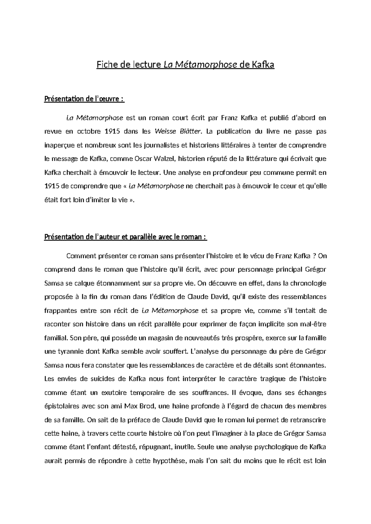 Fiche de lecture : Analyse de La Métamorphose de Kafka - Studocu