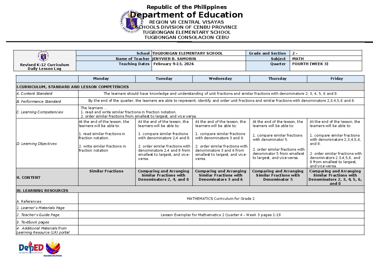 MATH 2 Q4 Week 3 Daily Lesson Log: Understanding Similar Fractions ...