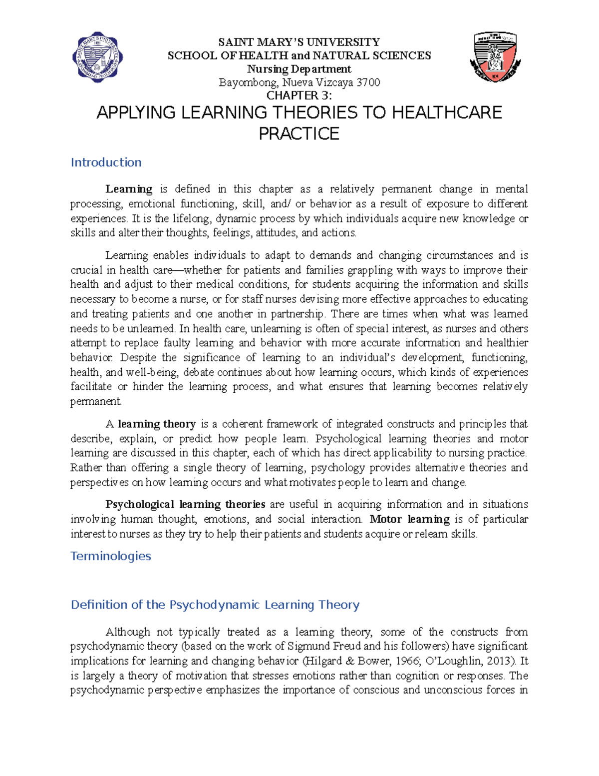 NCM-102 Psychodynamic Learning Theory in Healthcare Application - Studocu