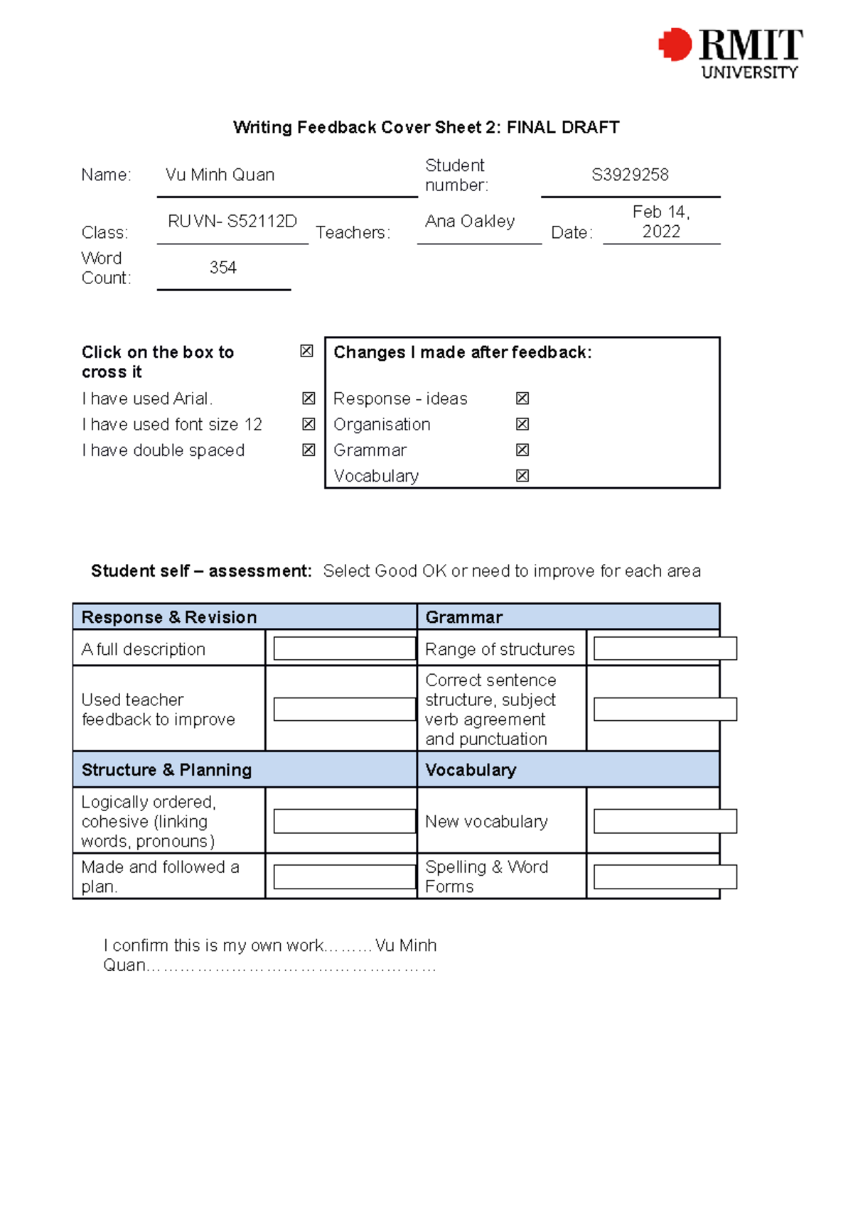Writing Final Draft - aaaaa - Writing Feedback Cover Sheet 2: FINAL ...