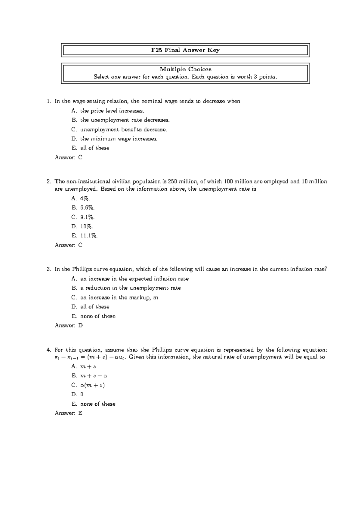 Econ 2410 Final Exam Review: Answer Key & Concepts - Studocu
