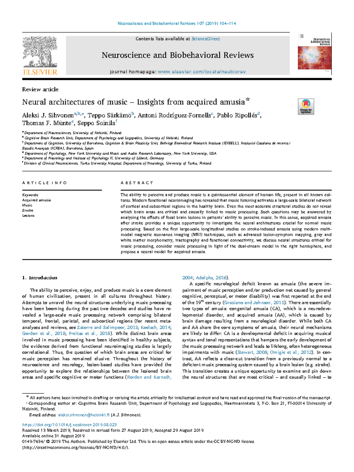 Neuroscience Review: Neural Architectures in Acquired Amusia Dynamics ...
