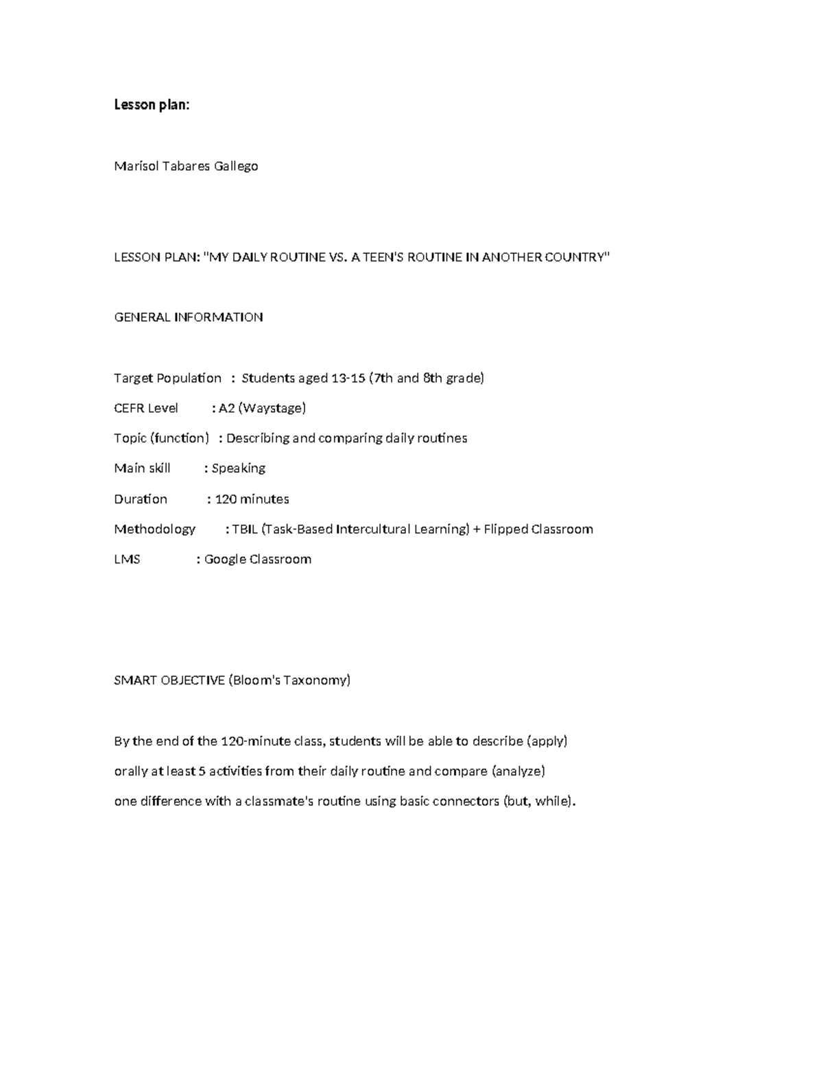 Lesson Plan: Daily Routine Comparison for 7th-8th Grade (CEFR A2) - Studocu