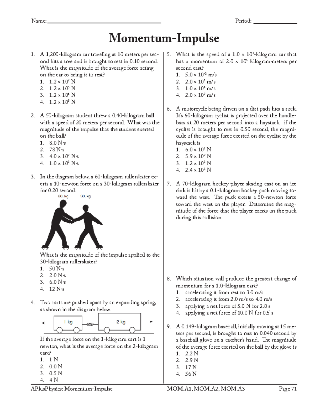 Momentum-Impulse Practice Test Sheet MOM.A1, MOM.A2, MOM.A3 - Studocu