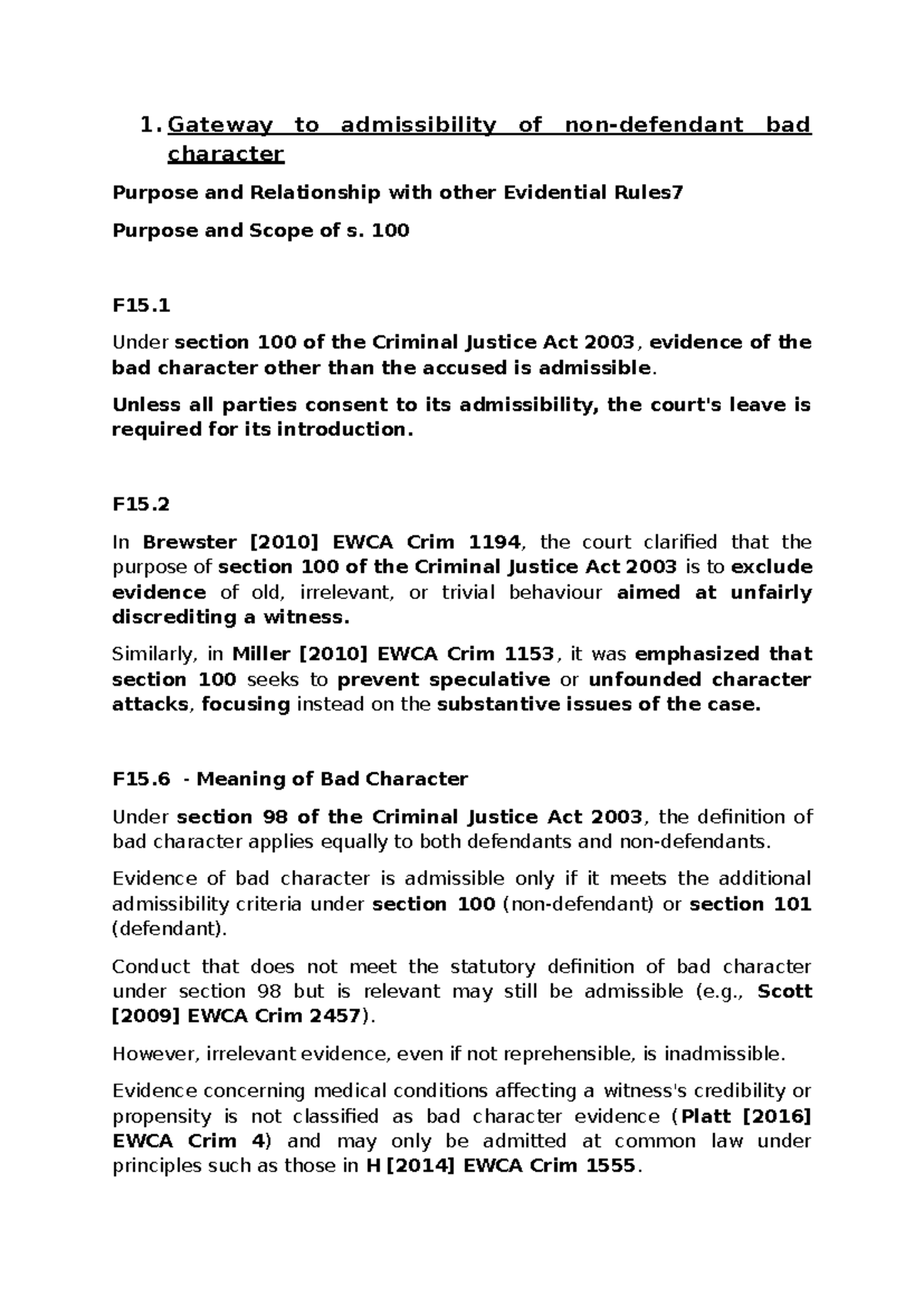 Gateway to Non-Defendant Bad Character Admissibility in Law - Studocu