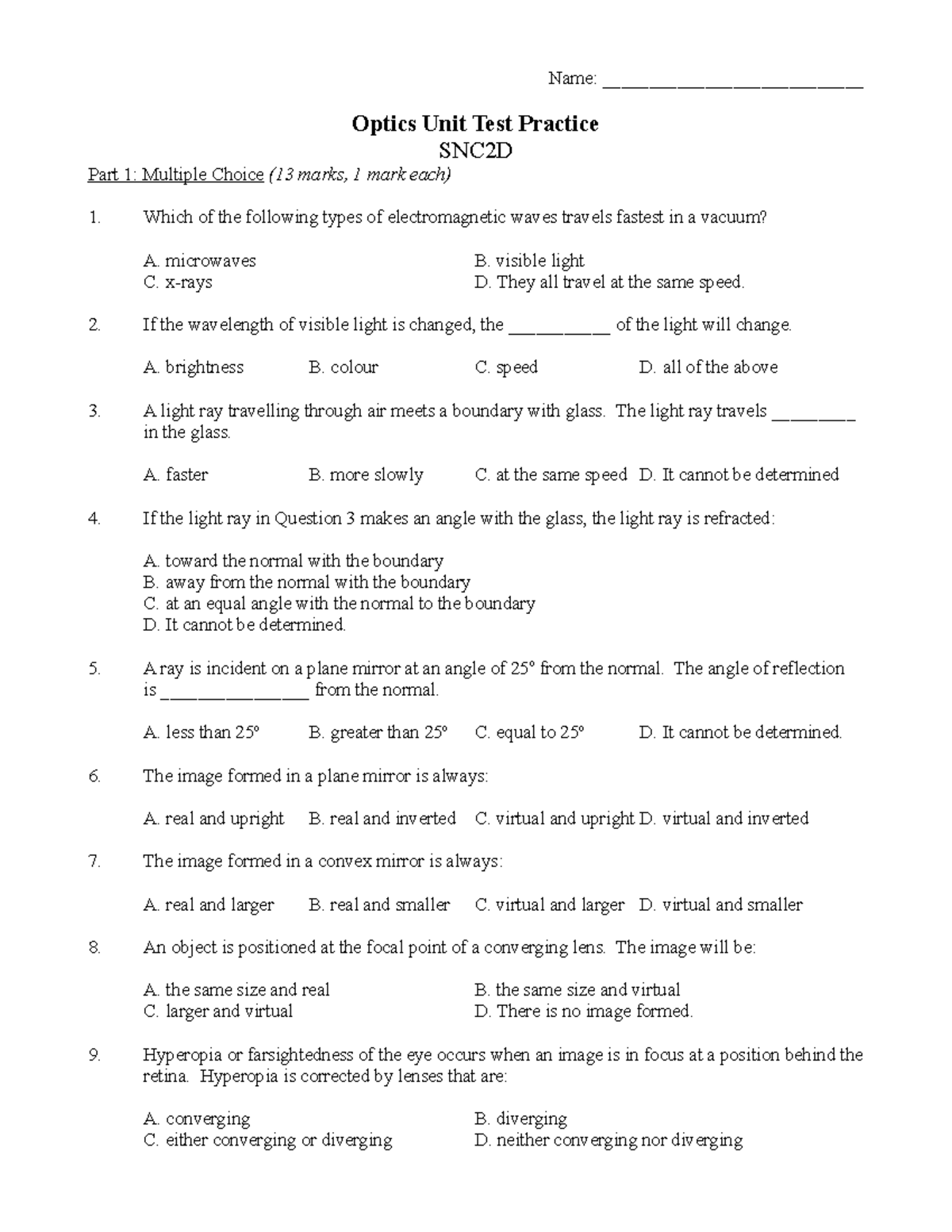 Optics Unit Test Practice SNC2D: MC & Short Answer Review - Studocu