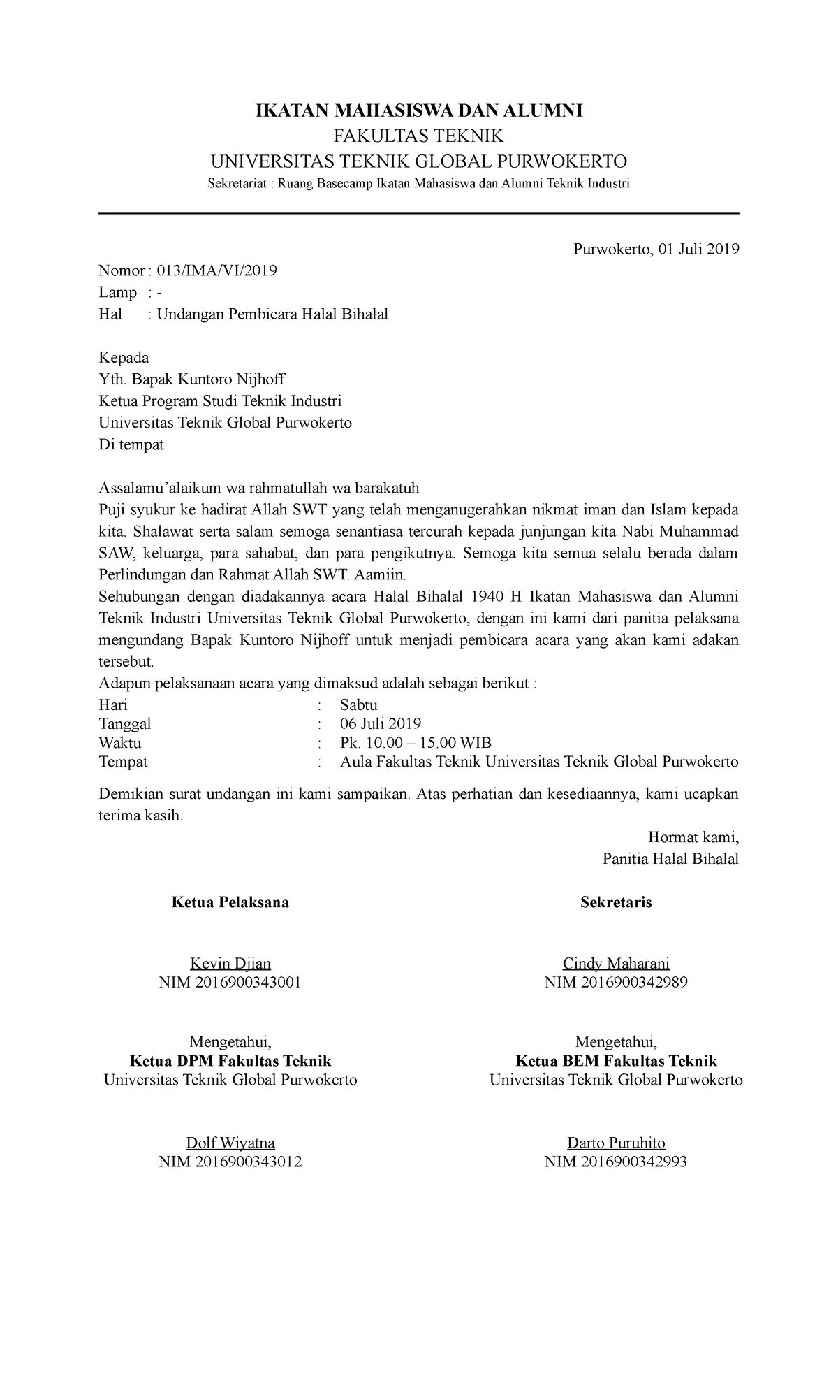 Undangan Pembicara Halal Bihalal IMA Teknik Ind. UTP 2019 - Studocu