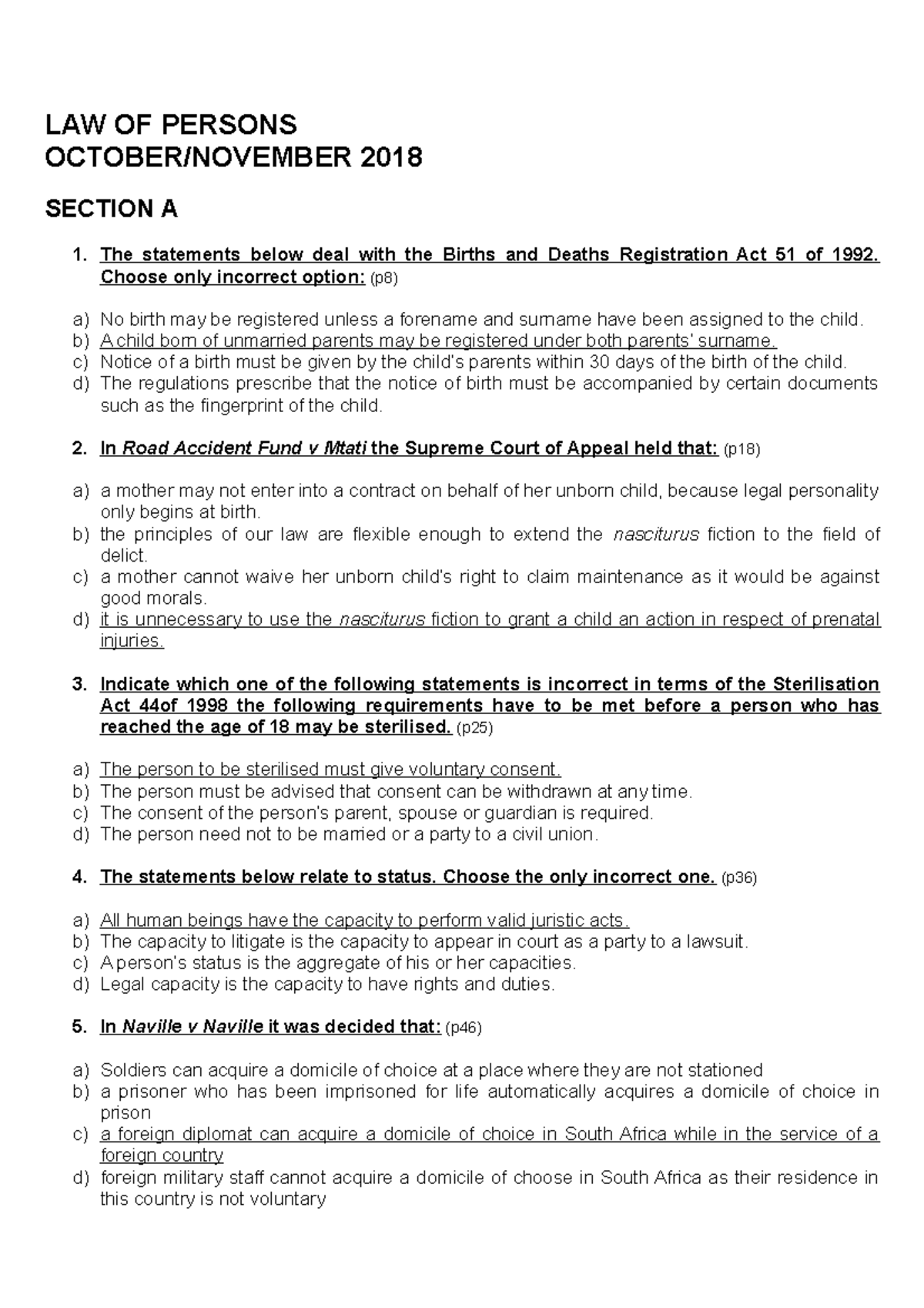 PVL1501 Notes 1 Law of persons notes and summaries - LAW OF PERSONS ...