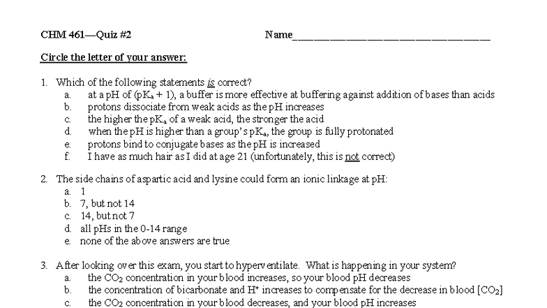 CHM 461—Quiz #2: Buffer Systems & Amino Acid Properties - Studocu