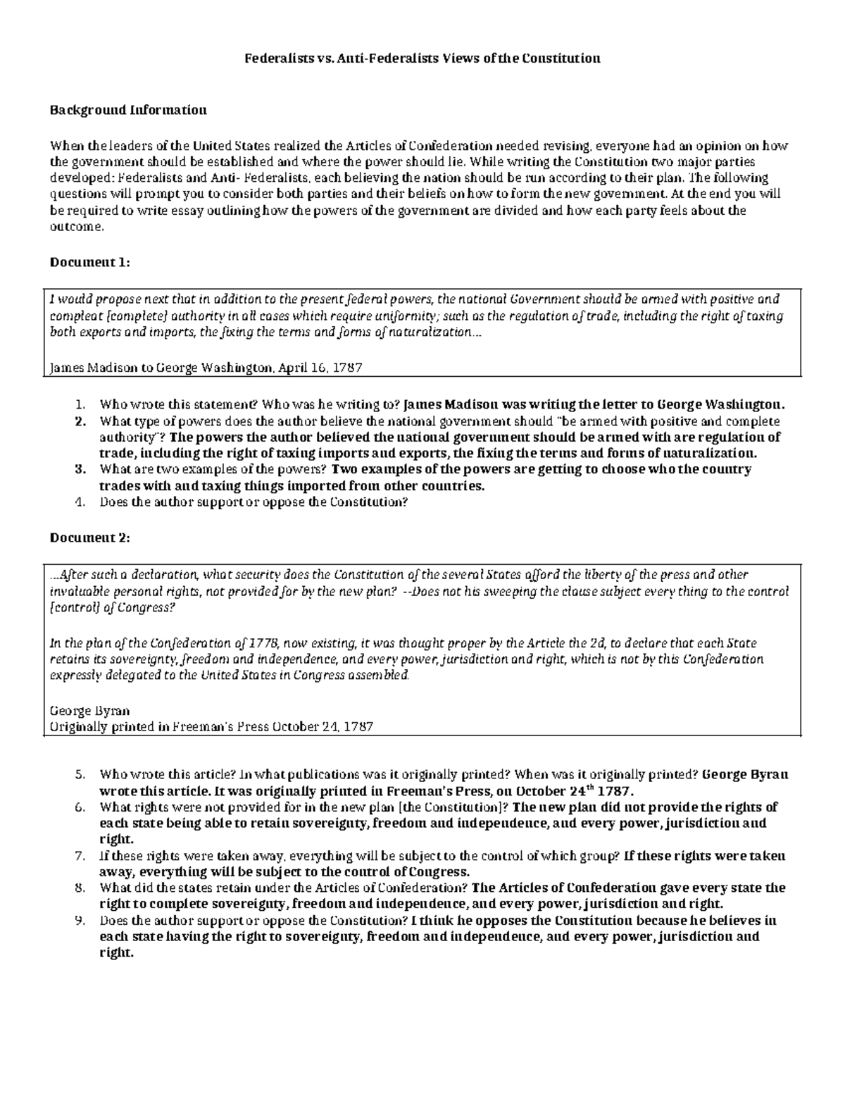 Federalistsvs Anti-Federalists Viewsonthe Constitution-DBQSolnok ...