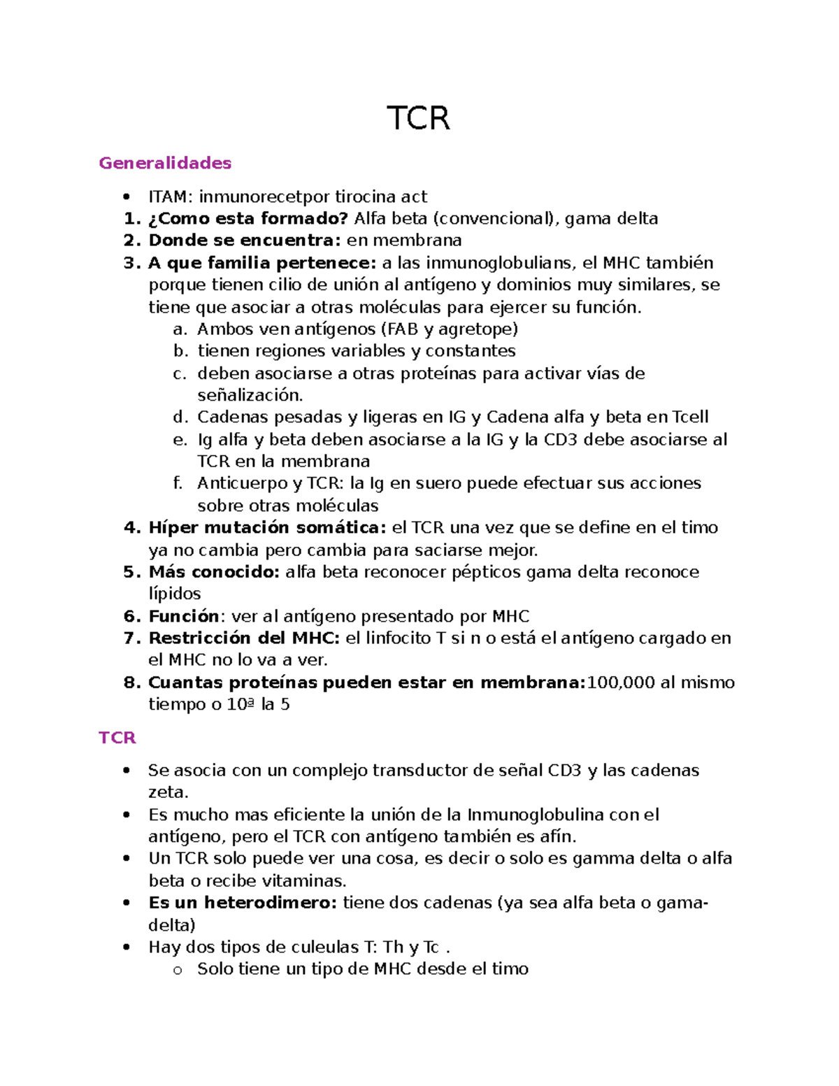 TCR - Generalidades, Funciones y Activación de Linfocitos T - Studocu