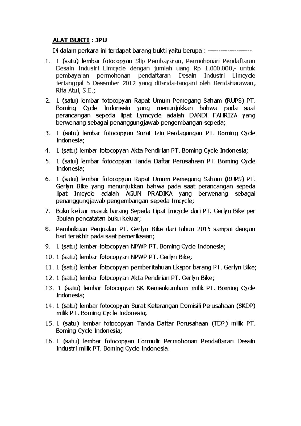 8. Daftar Alat dan Barang Bukti dalam Perkara Desain Industri - Studocu